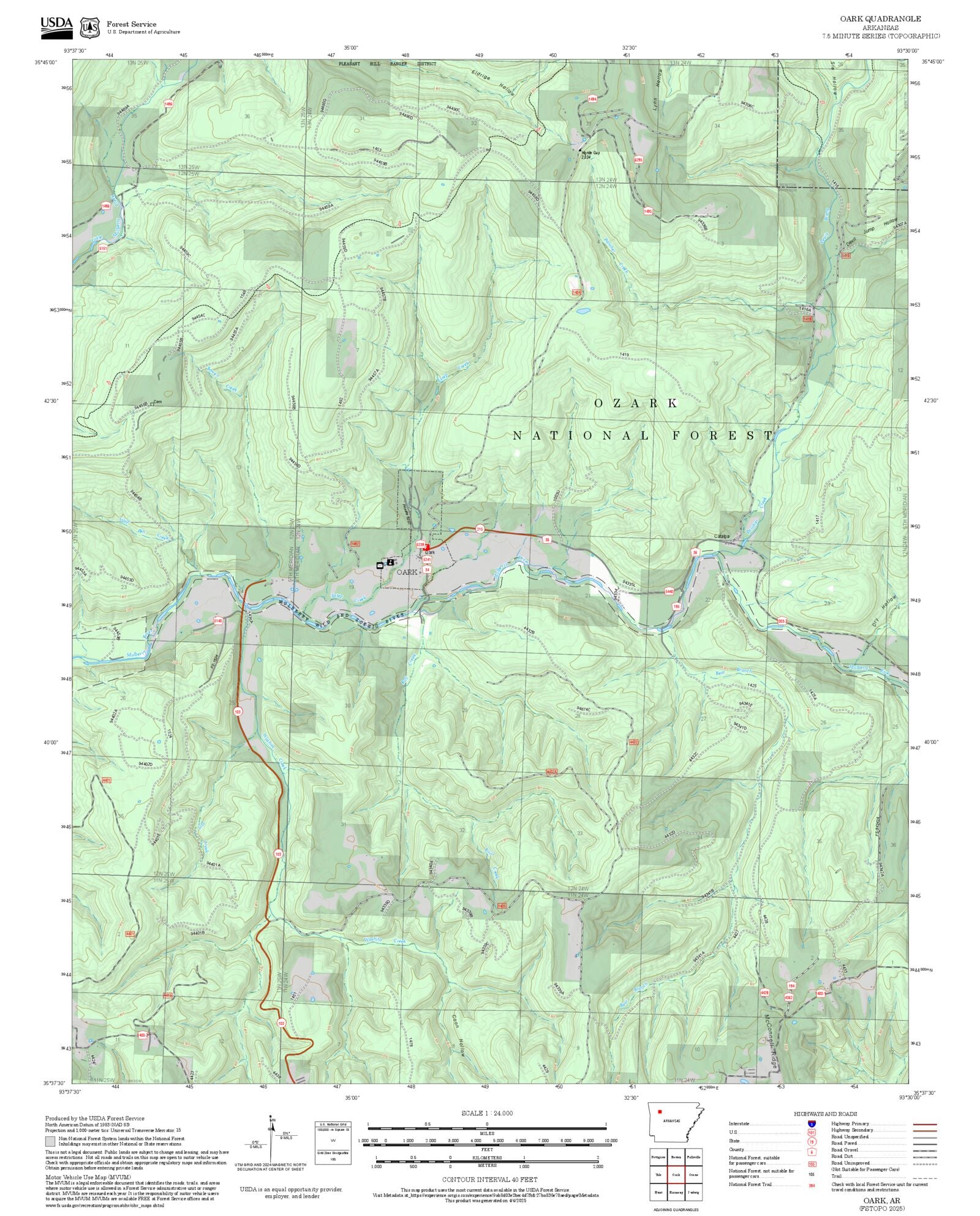 2025 Forest Service Topo Map of Oark Arkansas – MyTopo Map Store