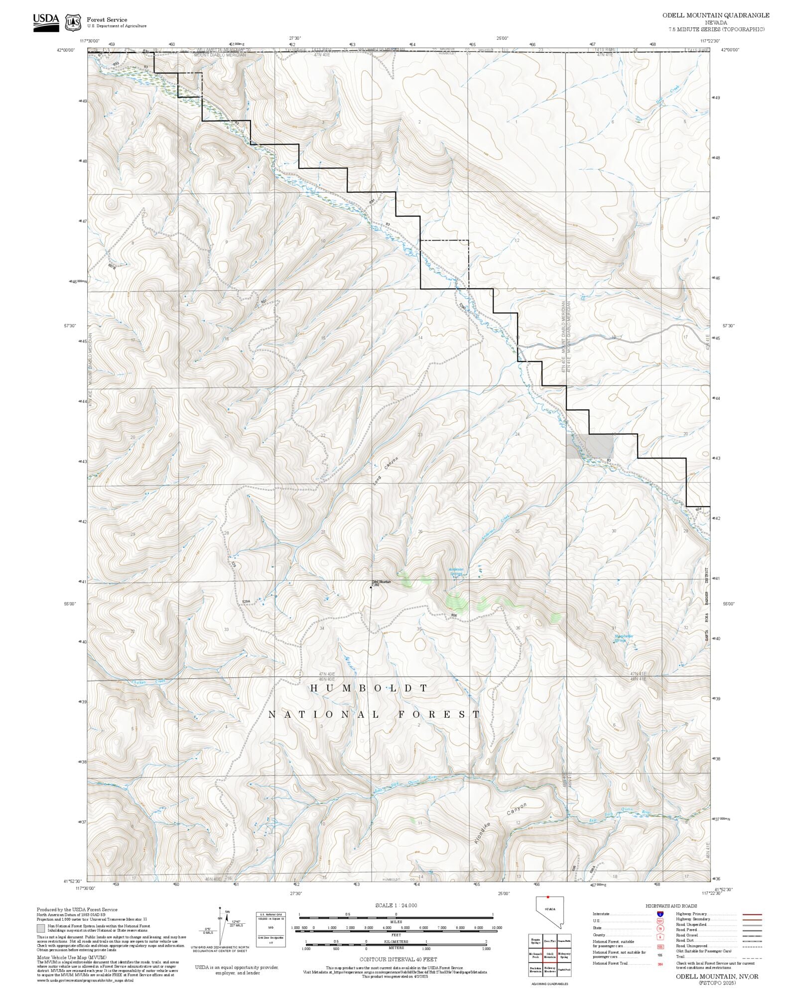 2025 Forest Service Topo Map of Odell Mountain Nevada – MyTopo Map Store