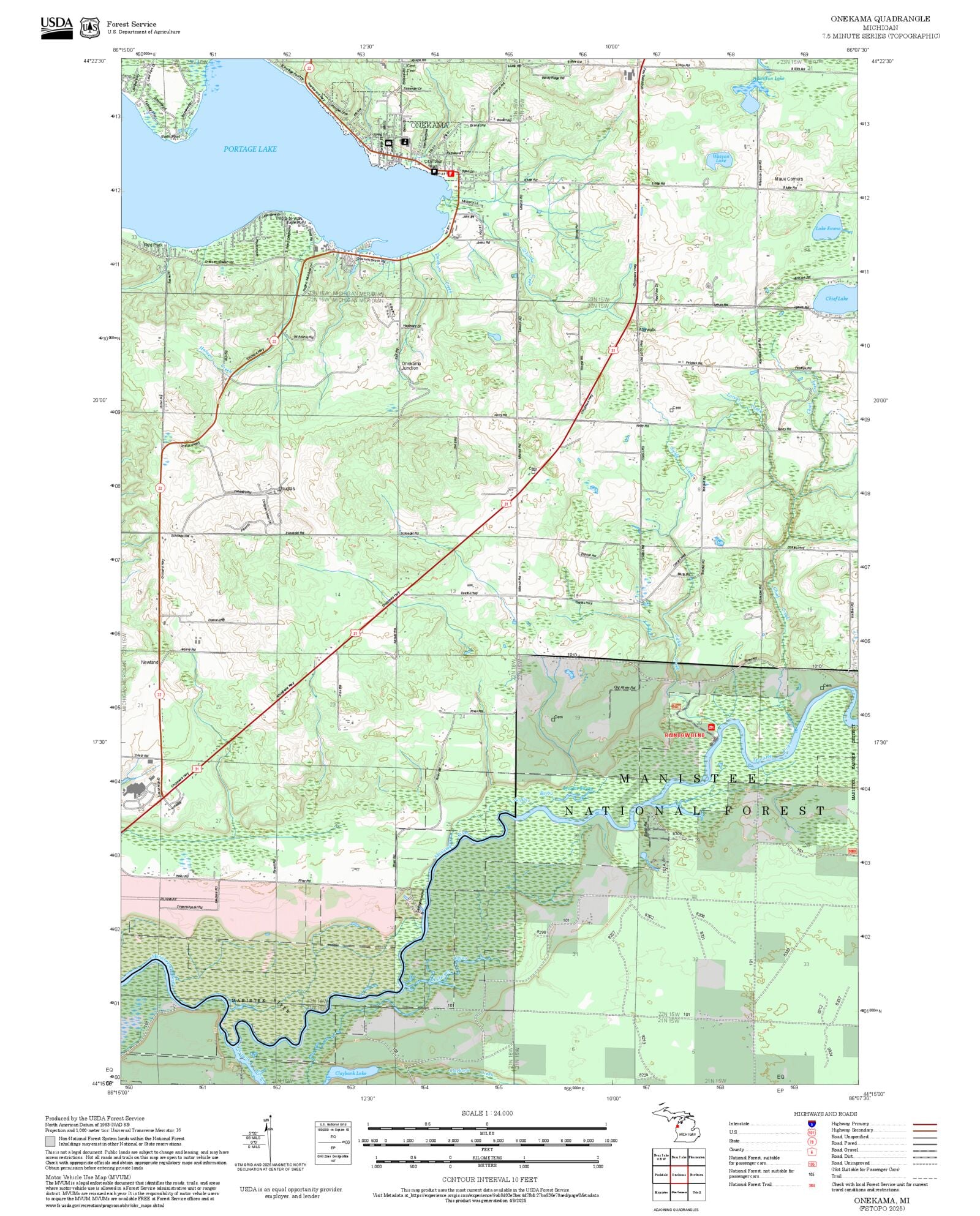 2025 Forest Service Topo Map of Onekama Michigan – MyTopo Map Store