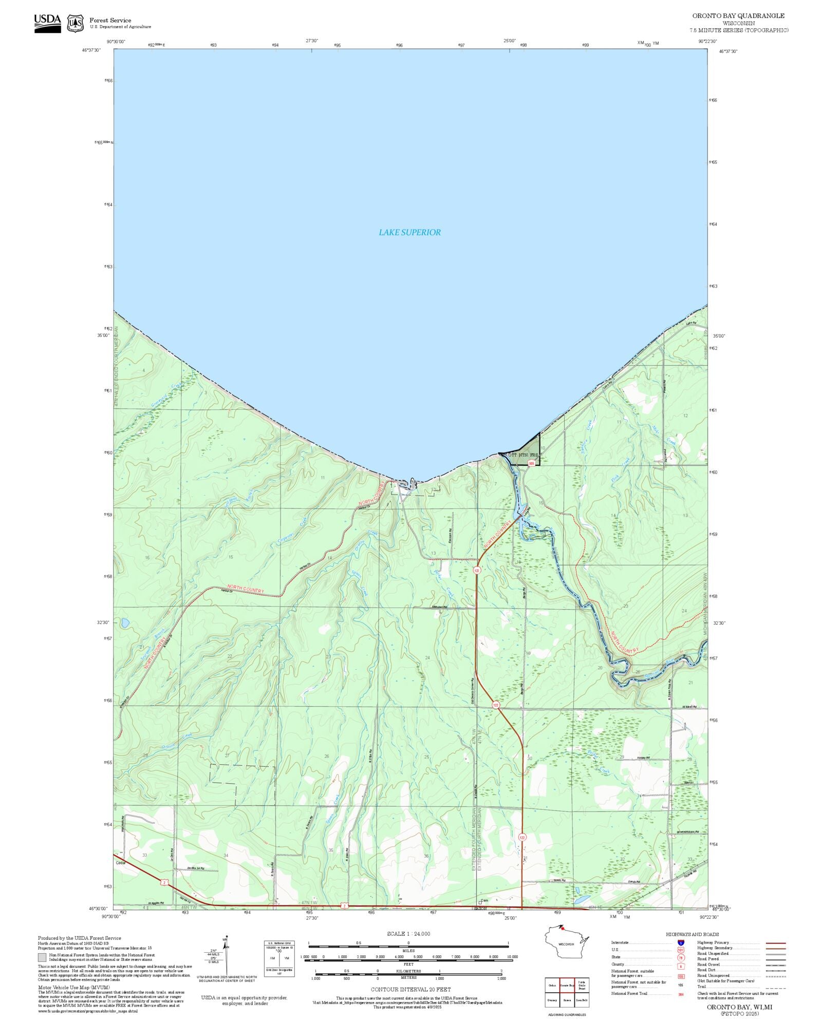 2025 Forest Service Topo Map of Oronto Bay Wisconsin – MyTopo Map Store