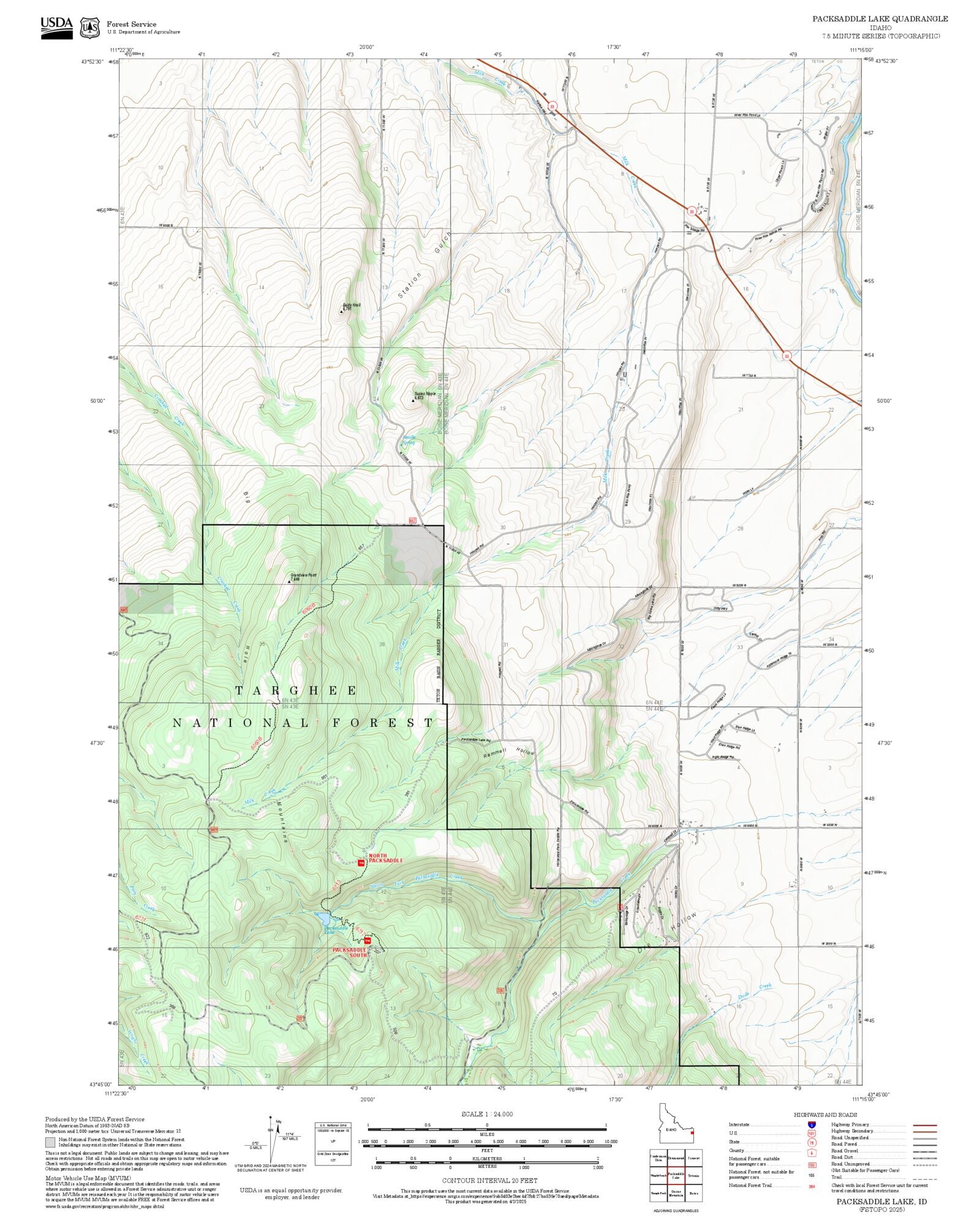2025 Forest Service Topo Map of Packsaddle Lake Idaho – MyTopo Map Store