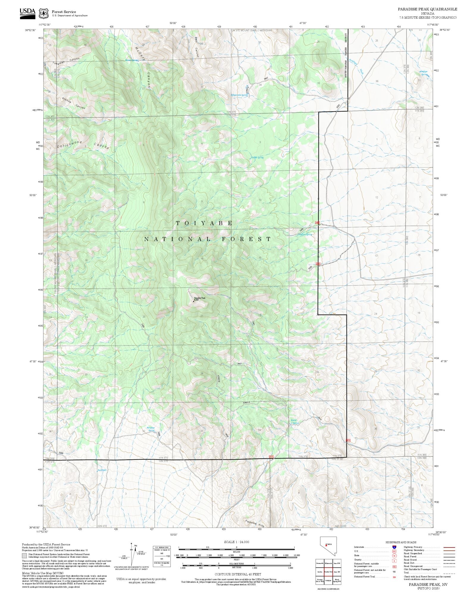 2025 Forest Service Topo Map of Paradise Peak Nevada – MyTopo Map Store