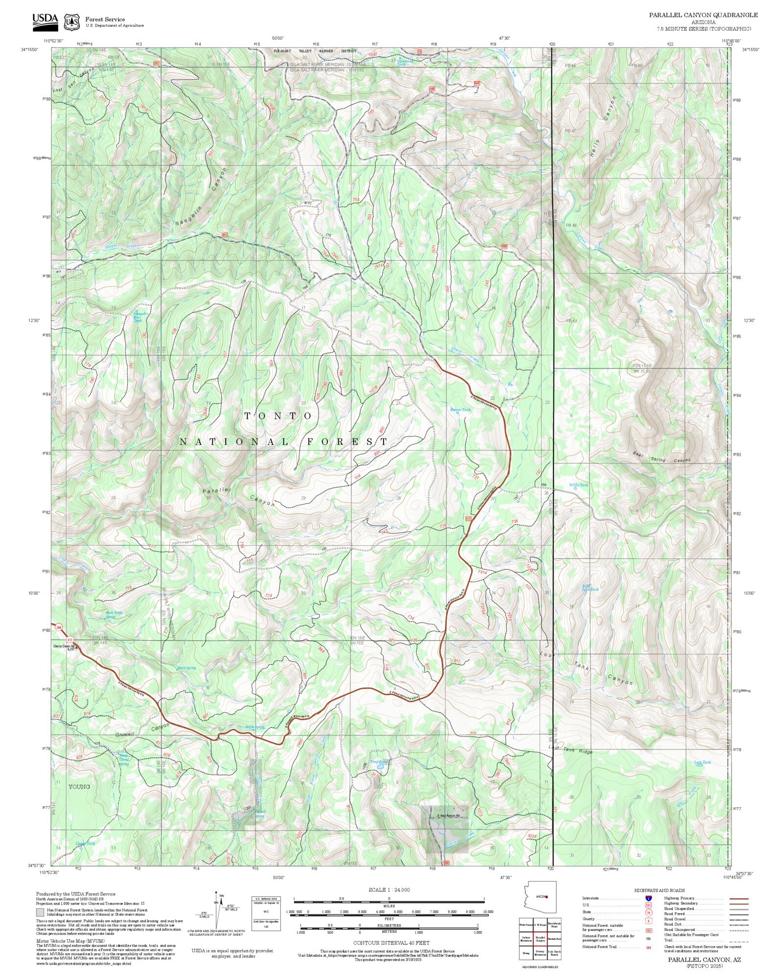 2025 Forest Service Topo Map of Parallel Canyon Arizona – MyTopo Map Store