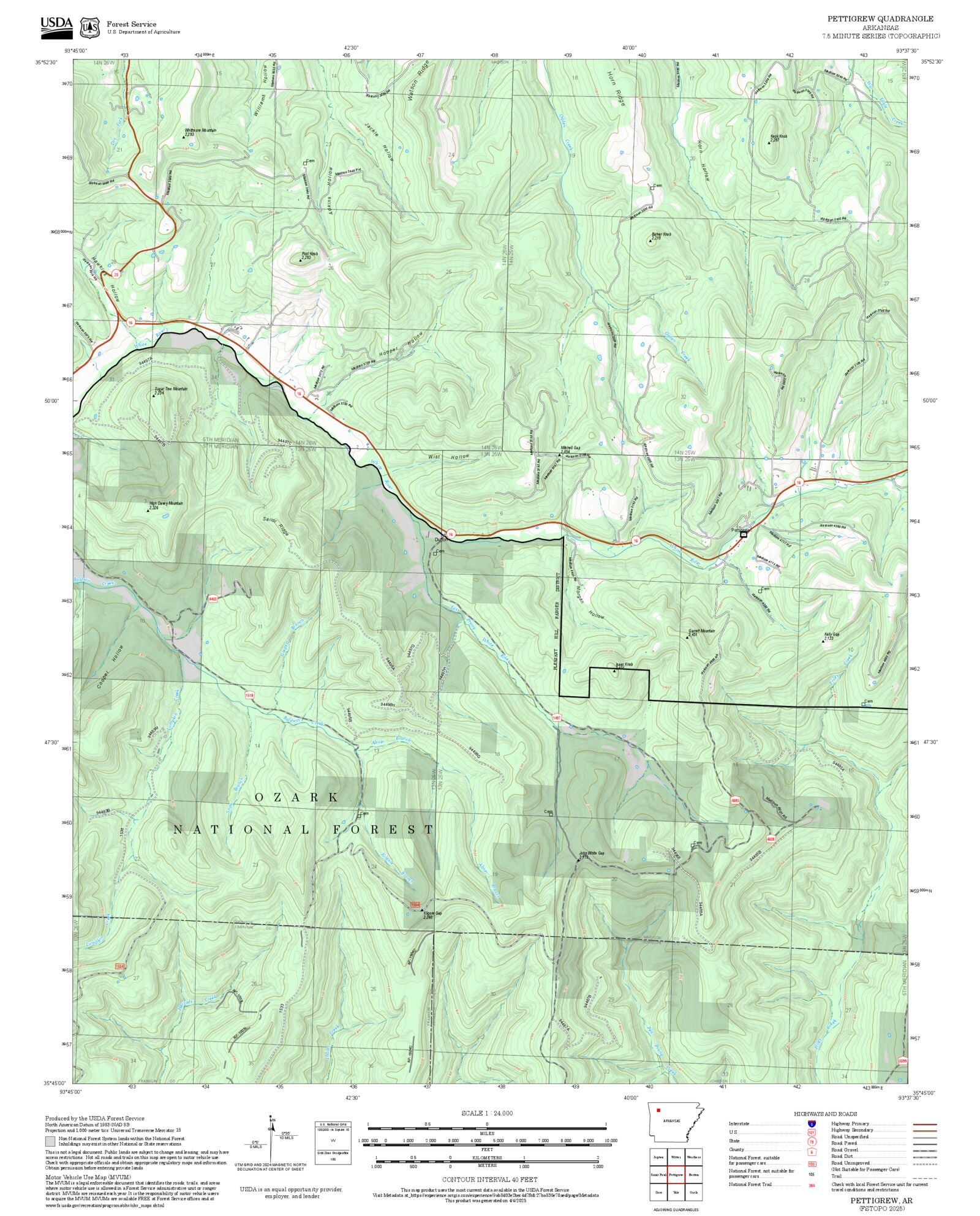 2025 Forest Service Topo Map of Pettigrew Arkansas – MyTopo Map Store