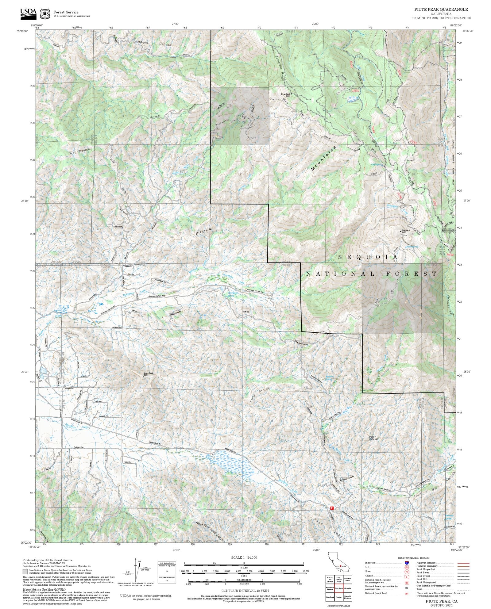 2025 Forest Service Topo Map of Piute Peak California – MyTopo Map Store