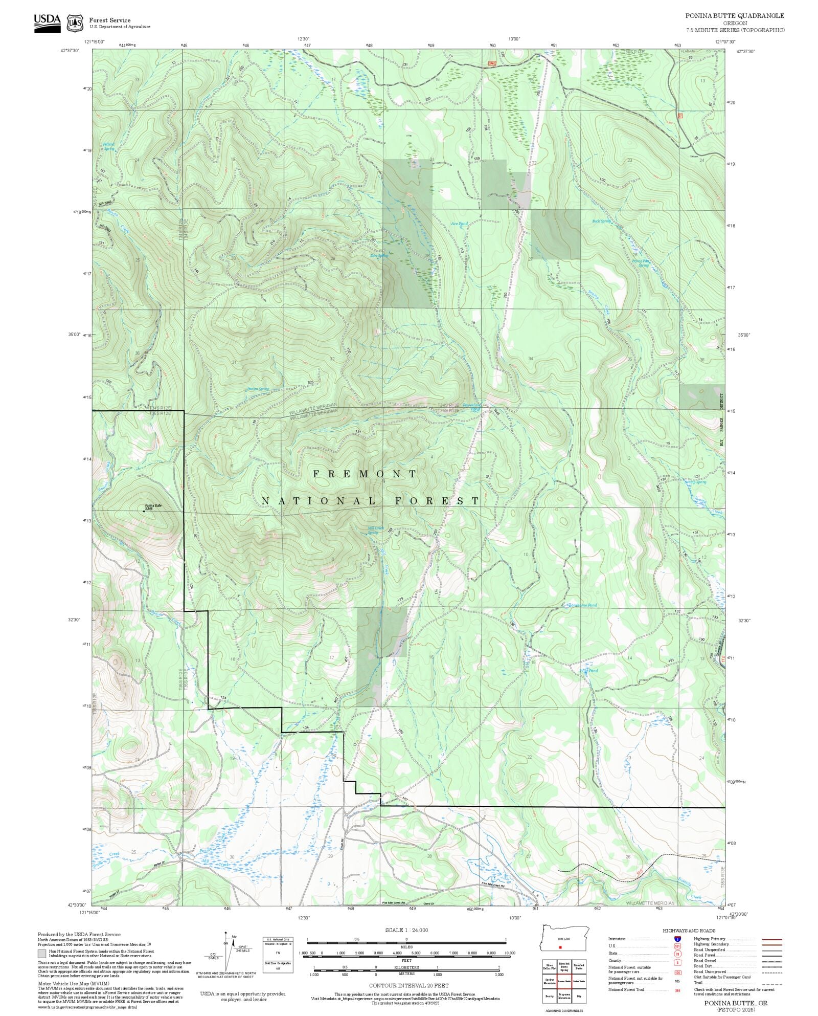2025 Forest Service Topo Map of Ponina Butte Oregon – MyTopo Map Store