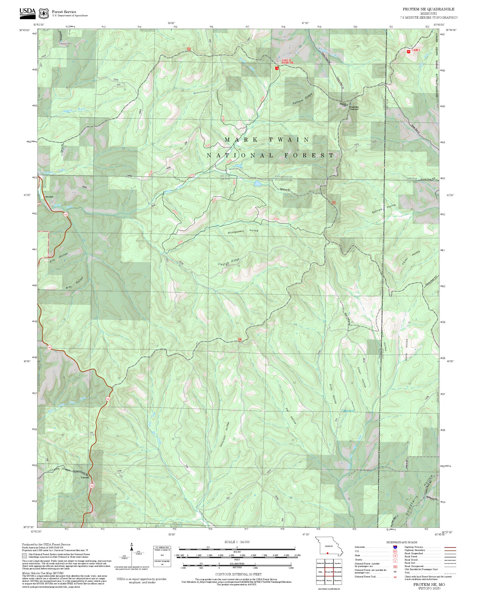 2025 Forest Service Topo Map of Protem NE Missouri – MyTopo Map Store