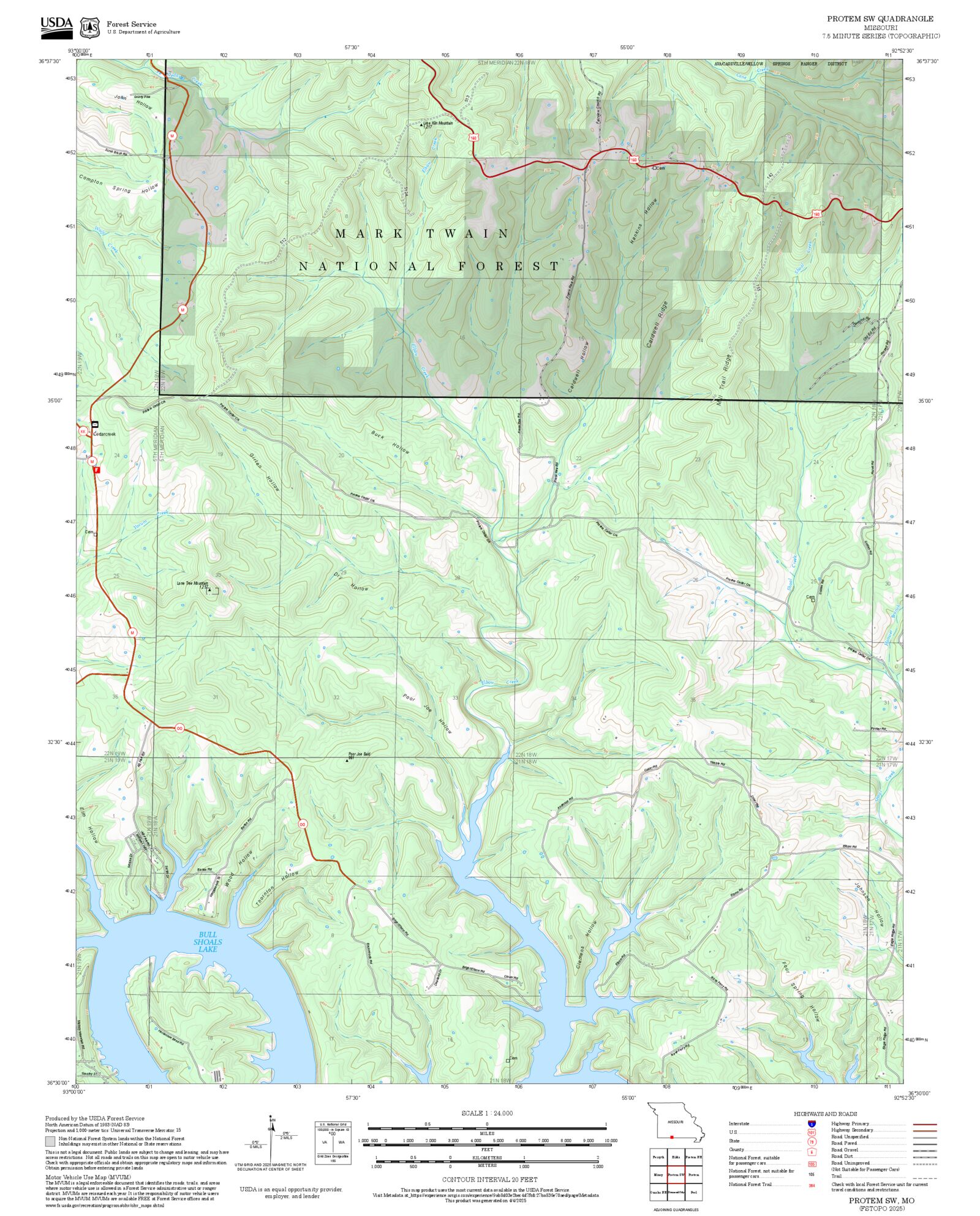 2025 Forest Service Topo Map of Protem SW Missouri – MyTopo Map Store