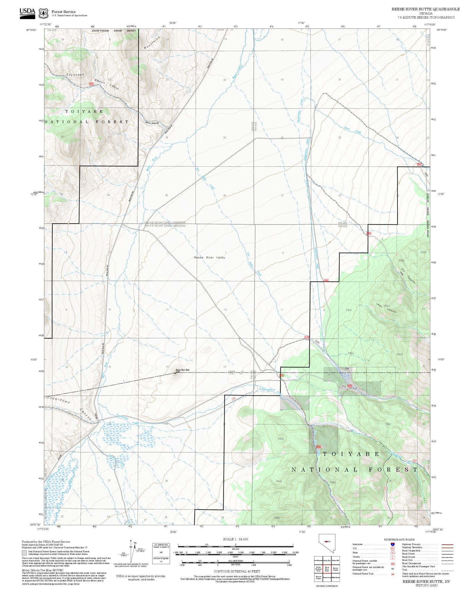 2025 Forest Service Topo Map of Reese River Butte Nevada – MyTopo Map Store