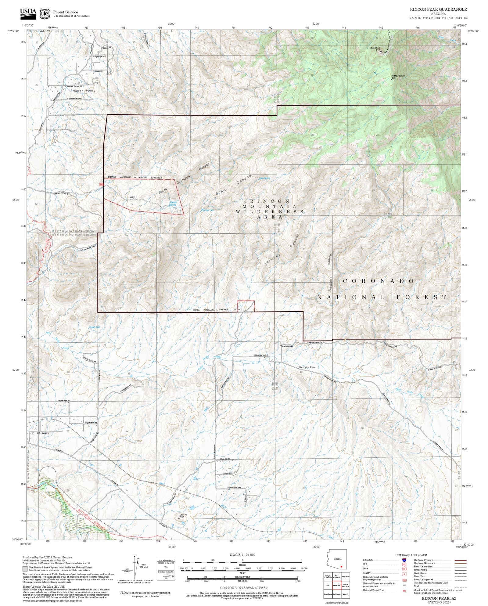 2025 Forest Service Topo Map of Rincon Peak Arizona – MyTopo Map Store