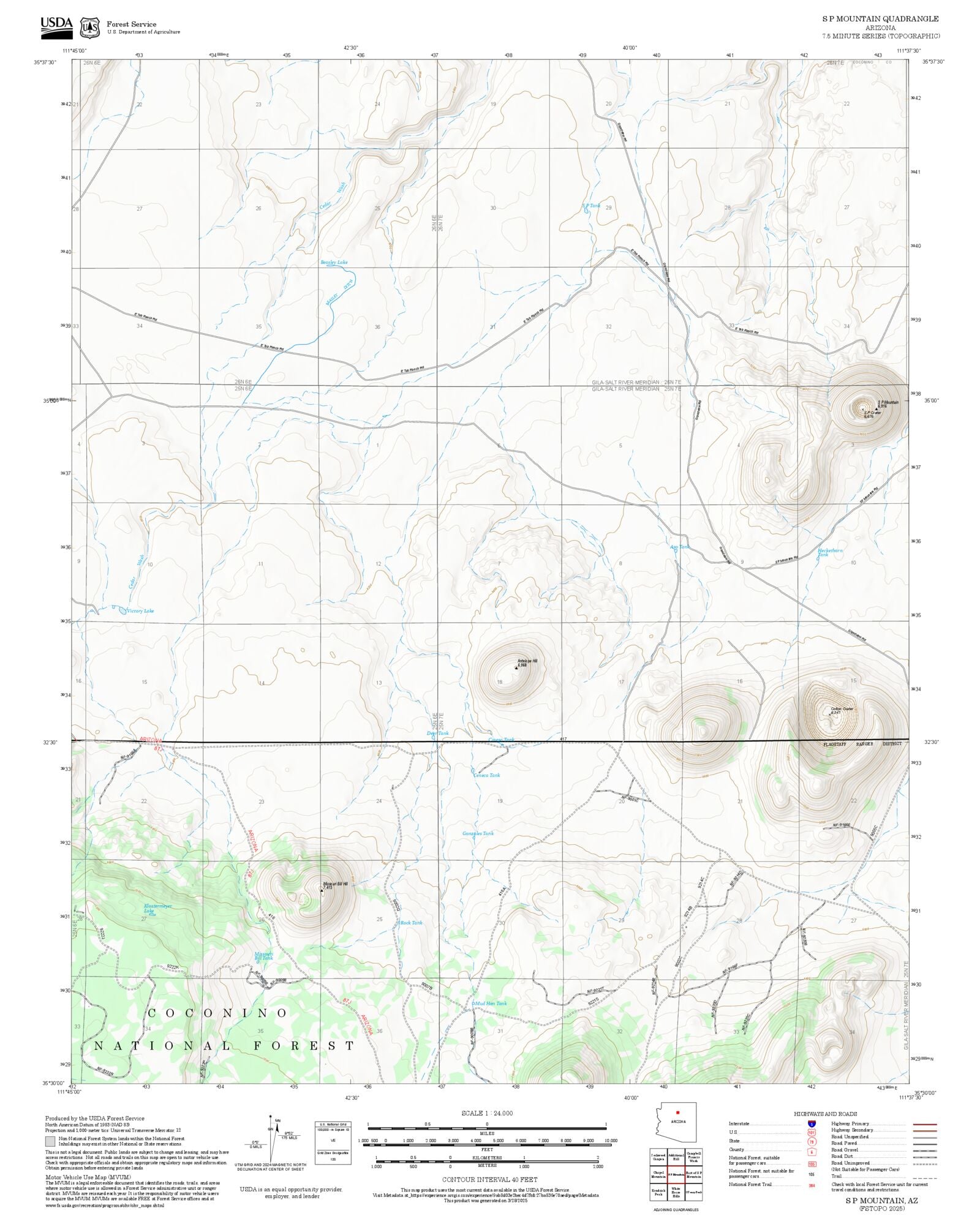 2025 Forest Service Topo Map of S P Mountain Arizona – MyTopo Map Store