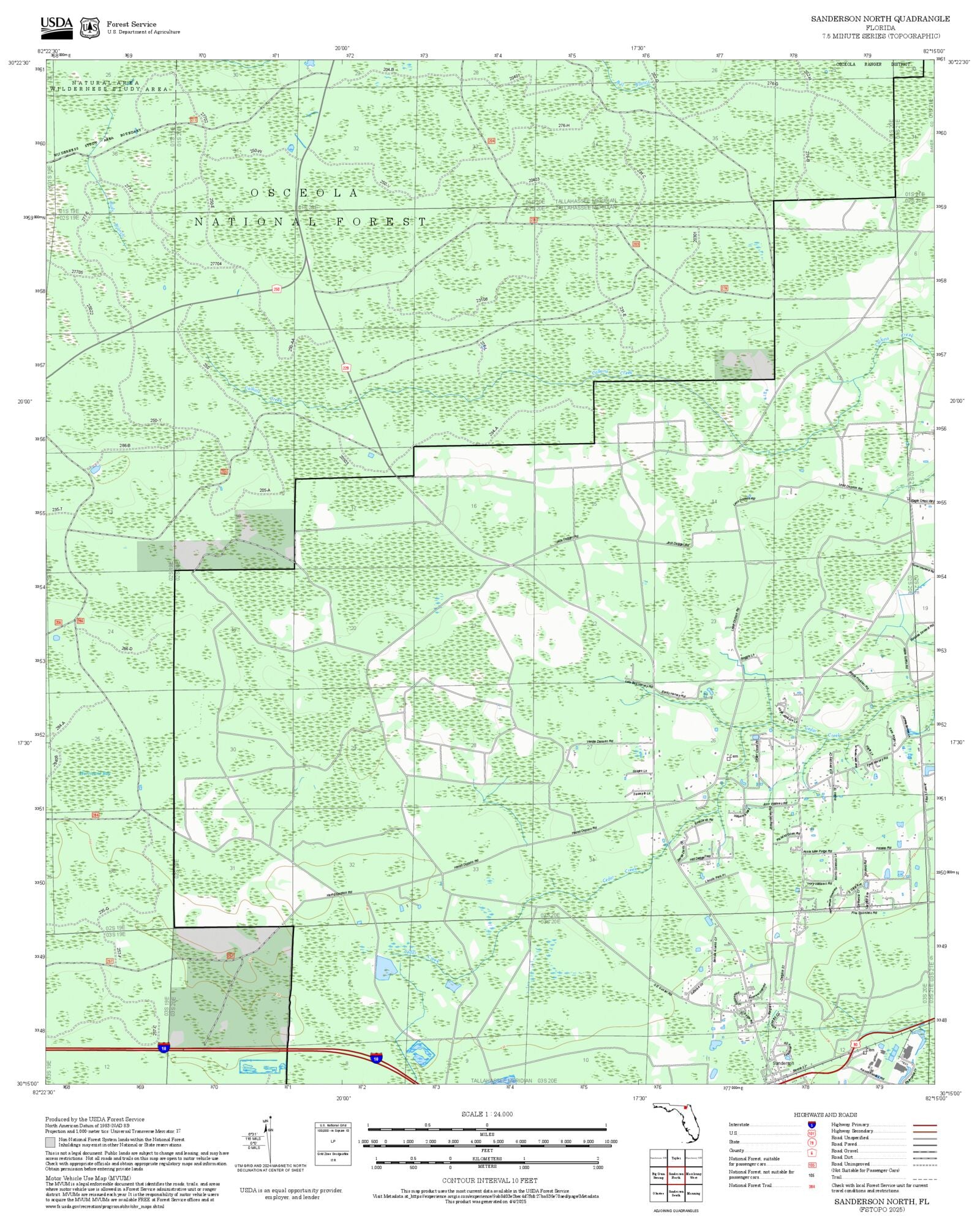 2025 Forest Service Topo Map of Sanderson North Florida – MyTopo Map Store