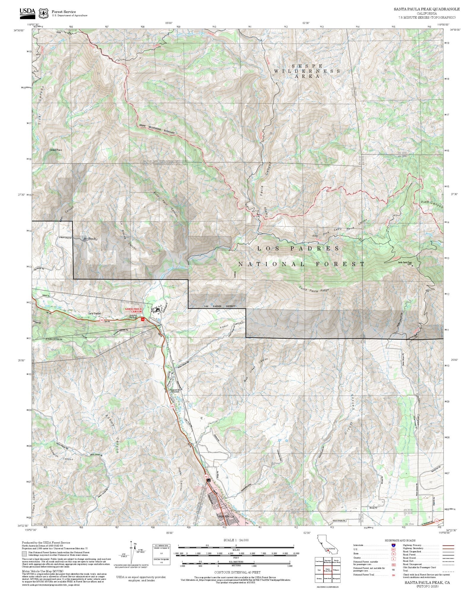 2025 Forest Service Topo Map of Santa Paula Peak California – MyTopo ...