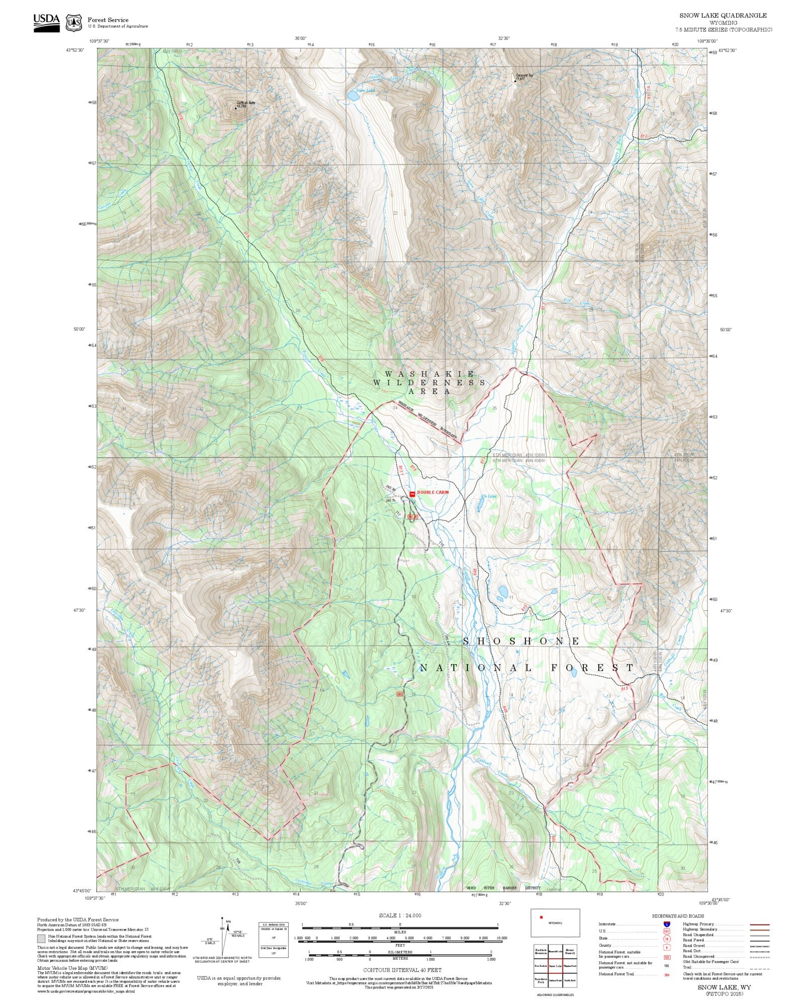 2025 Forest Service Topo Map of Snow Lake Wyoming – MyTopo Map Store