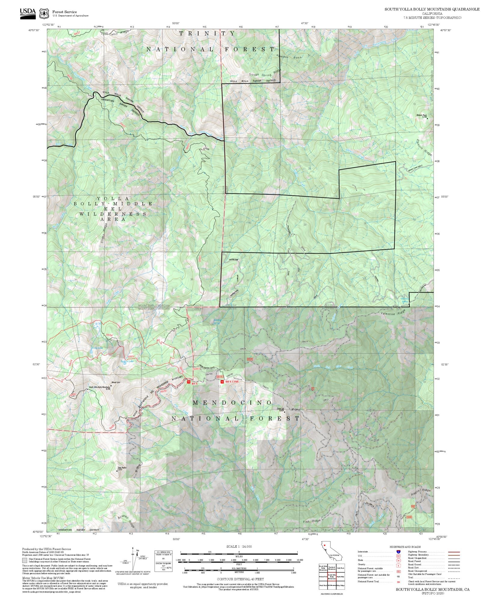 2025 Forest Service Topo Map of South Yolla Bolly Mountains California ...
