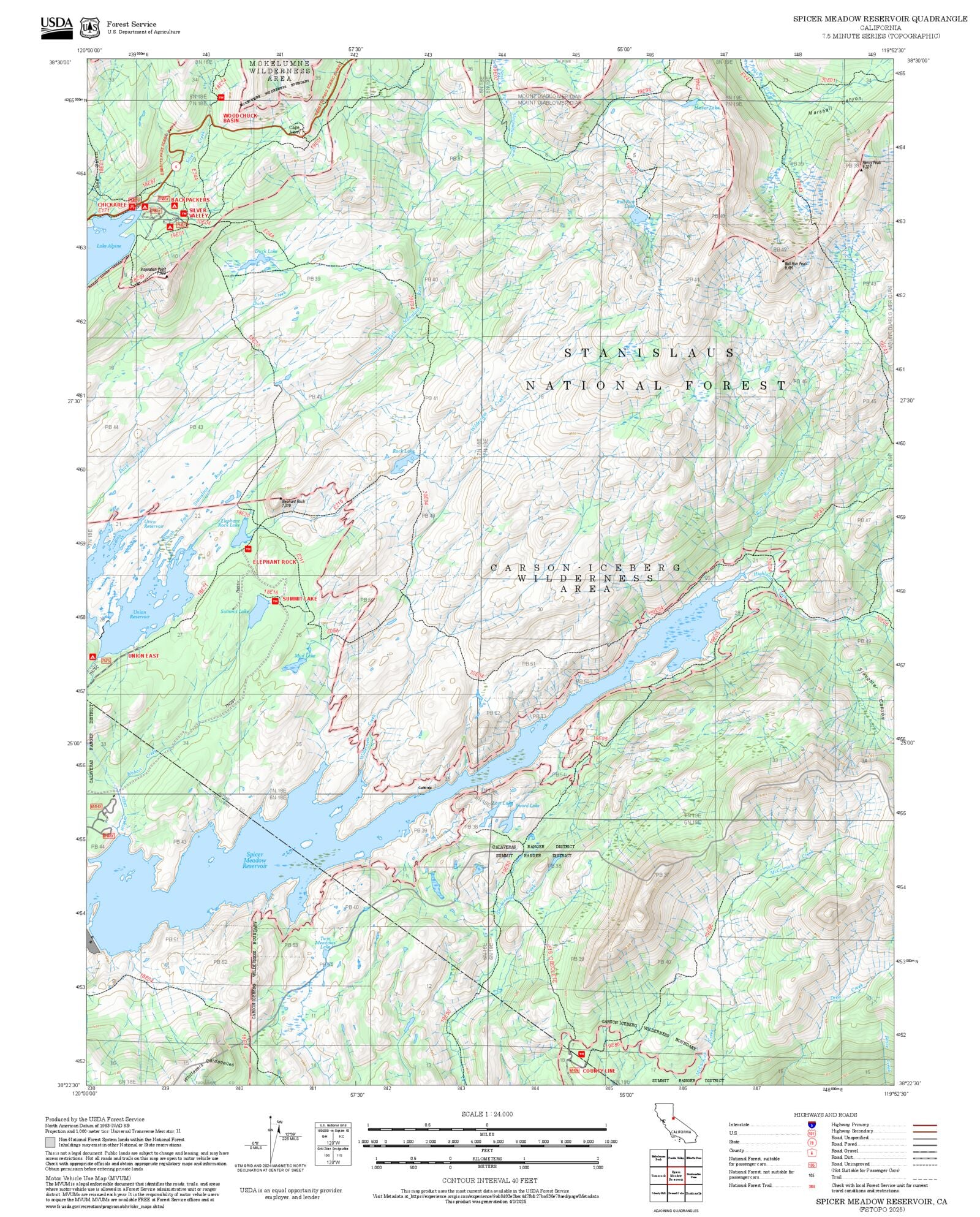 2025 Forest Service Topo Map of Spicer Meadow Reservoir California ...