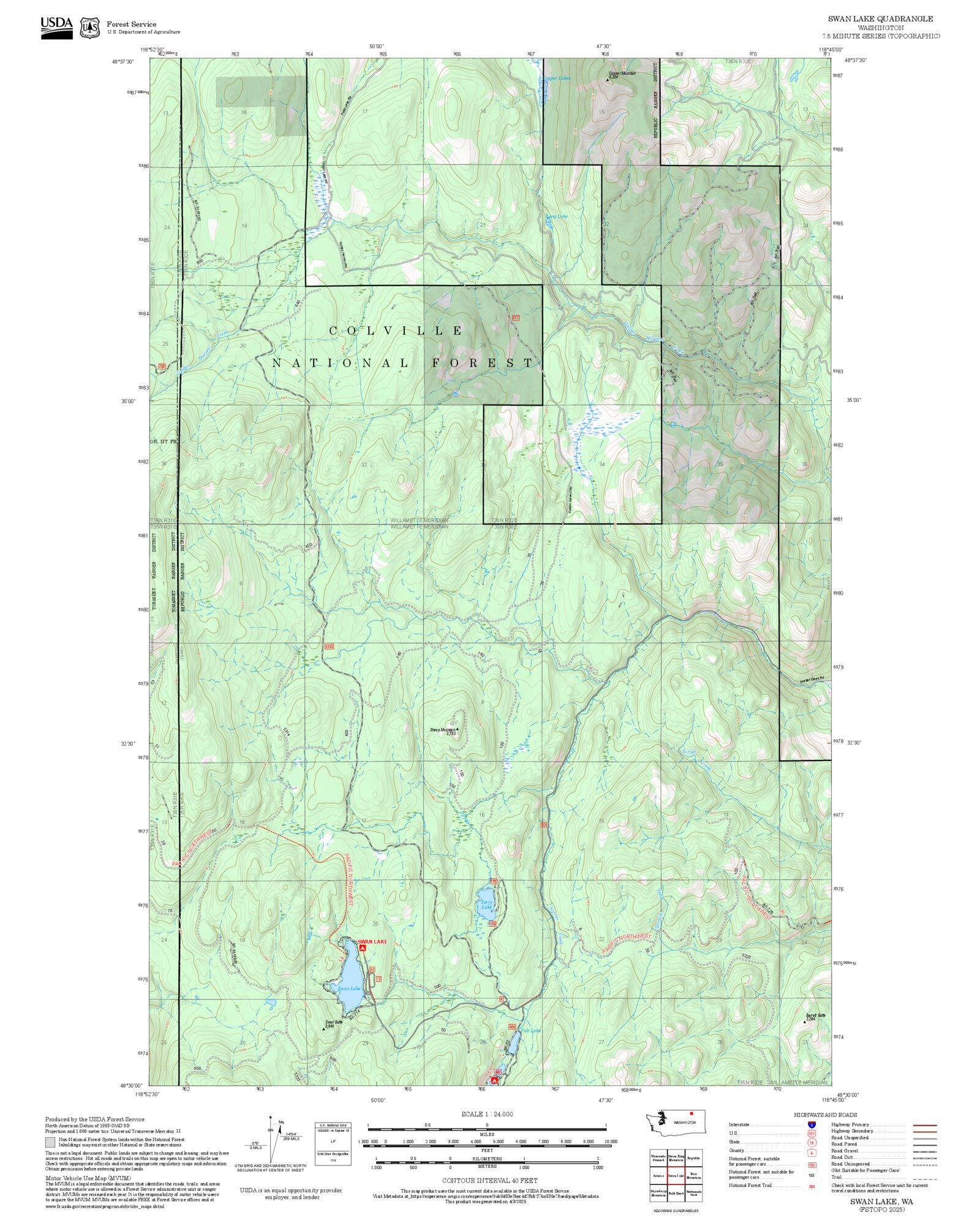 2025 Forest Service Topo Map of Swan Lake Washington – MyTopo Map Store