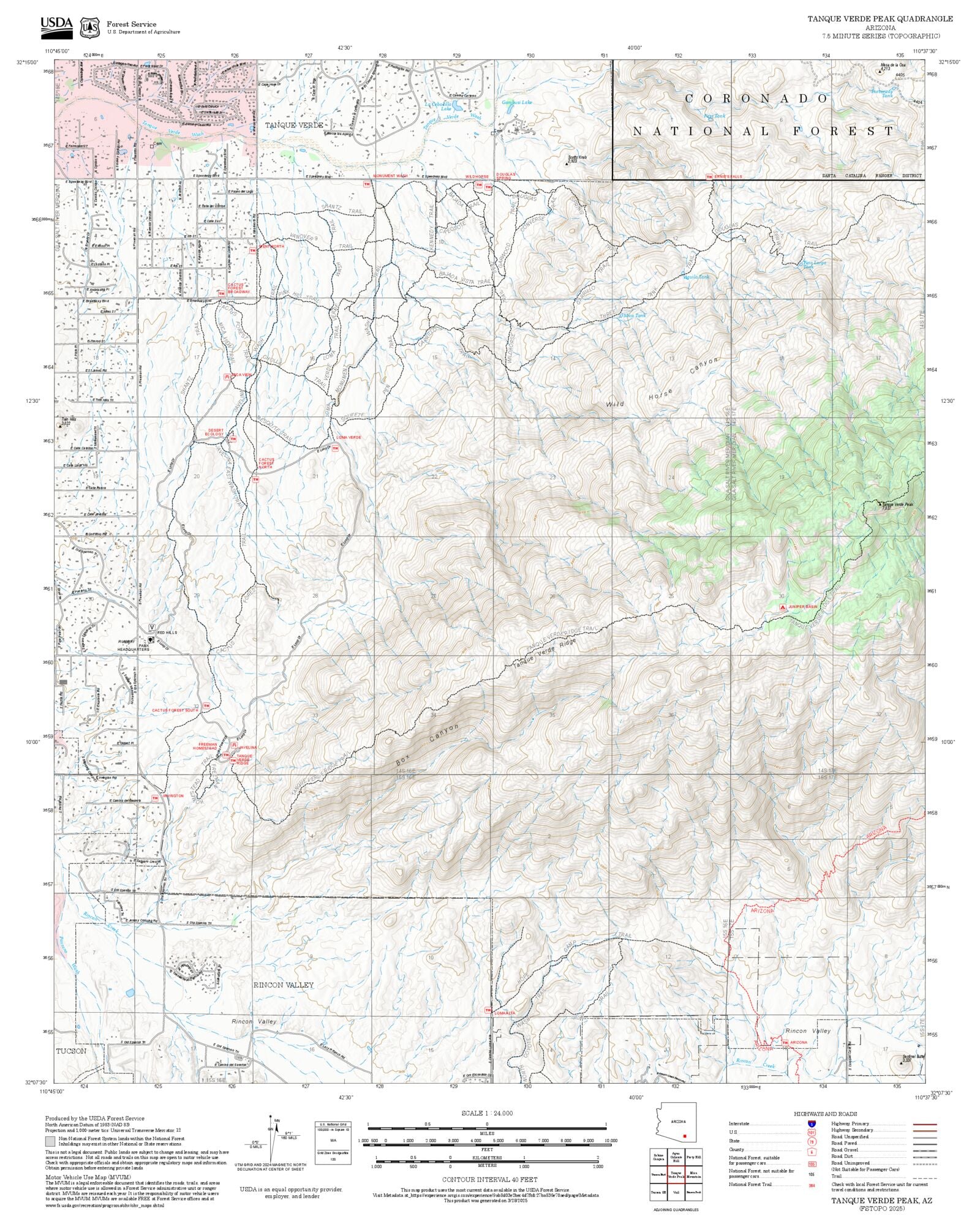 2025 Forest Service Topo Map of Tanque Verde Peak Arizona – MyTopo Map ...