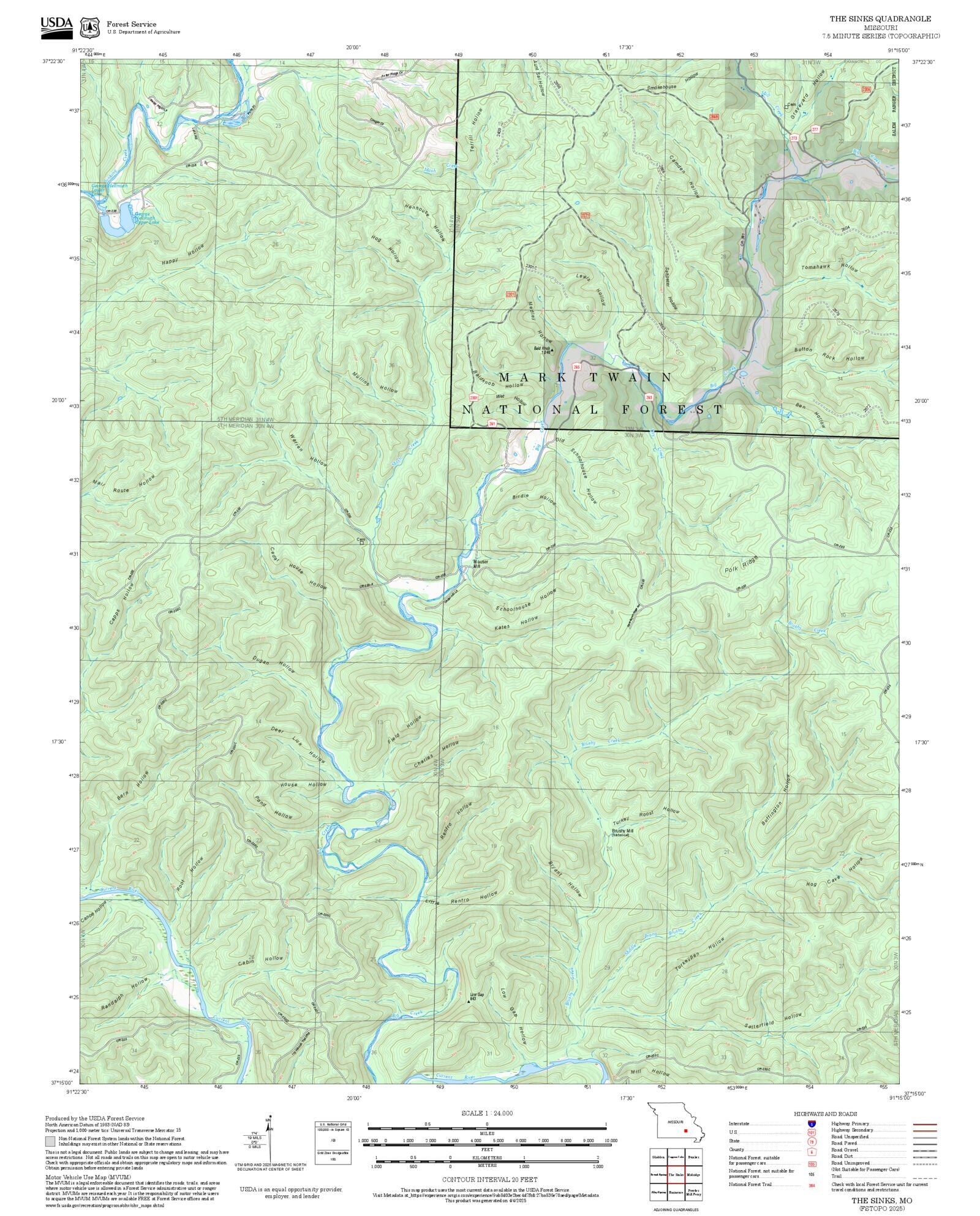 2025 Forest Service Topo Map of The Sinks Missouri – MyTopo Map Store