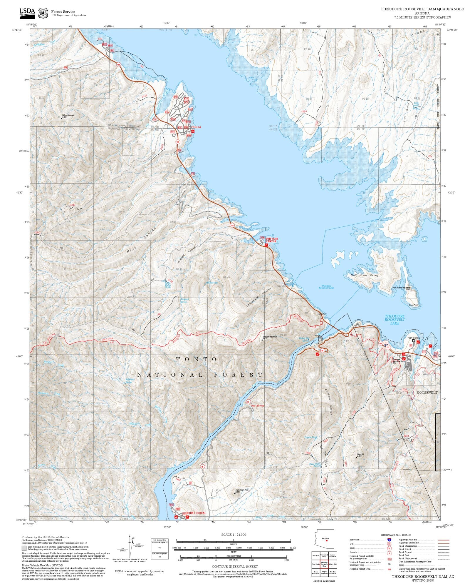 2025 Forest Service Topo Map of Theodore Roosevelt Dam Arizona – MyTopo ...