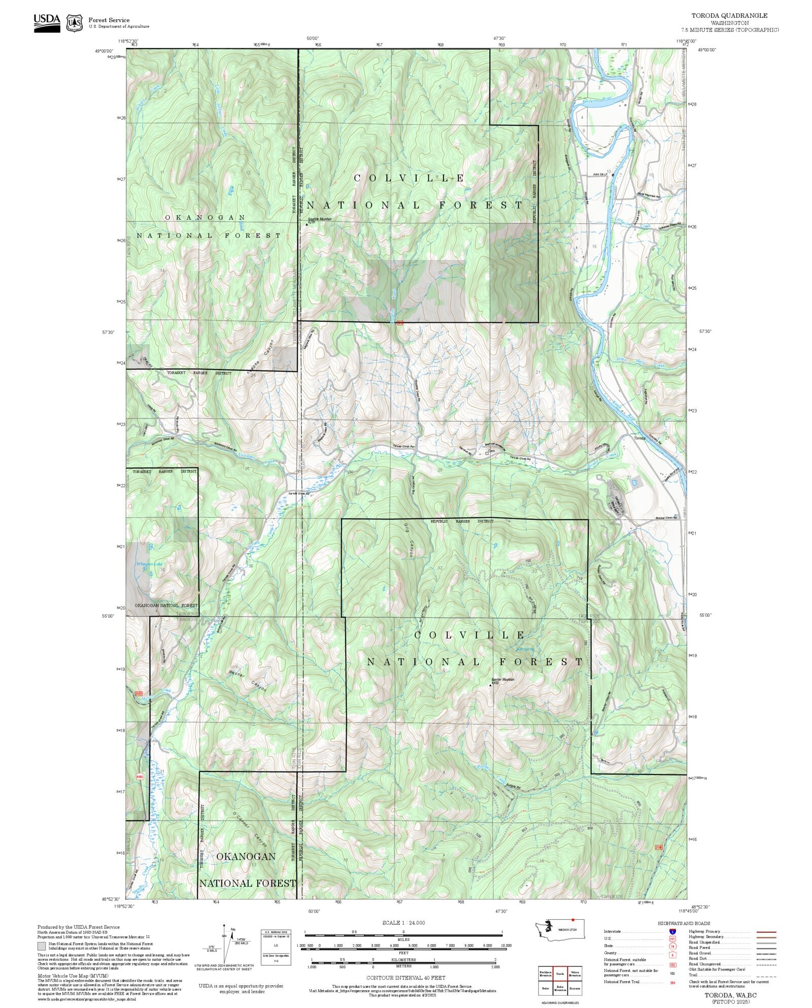 2025 Forest Service Topo Map of Toroda Washington – MyTopo Map Store