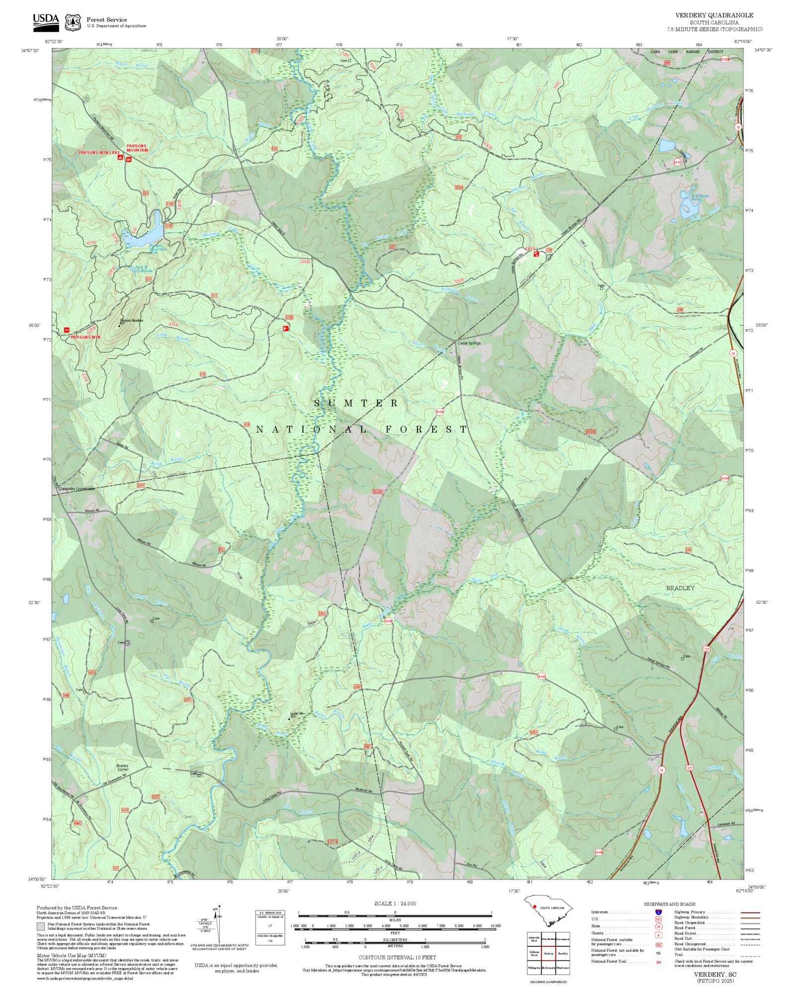 2025 Forest Service Topo Map of Verdery South Carolina – MyTopo Map Store