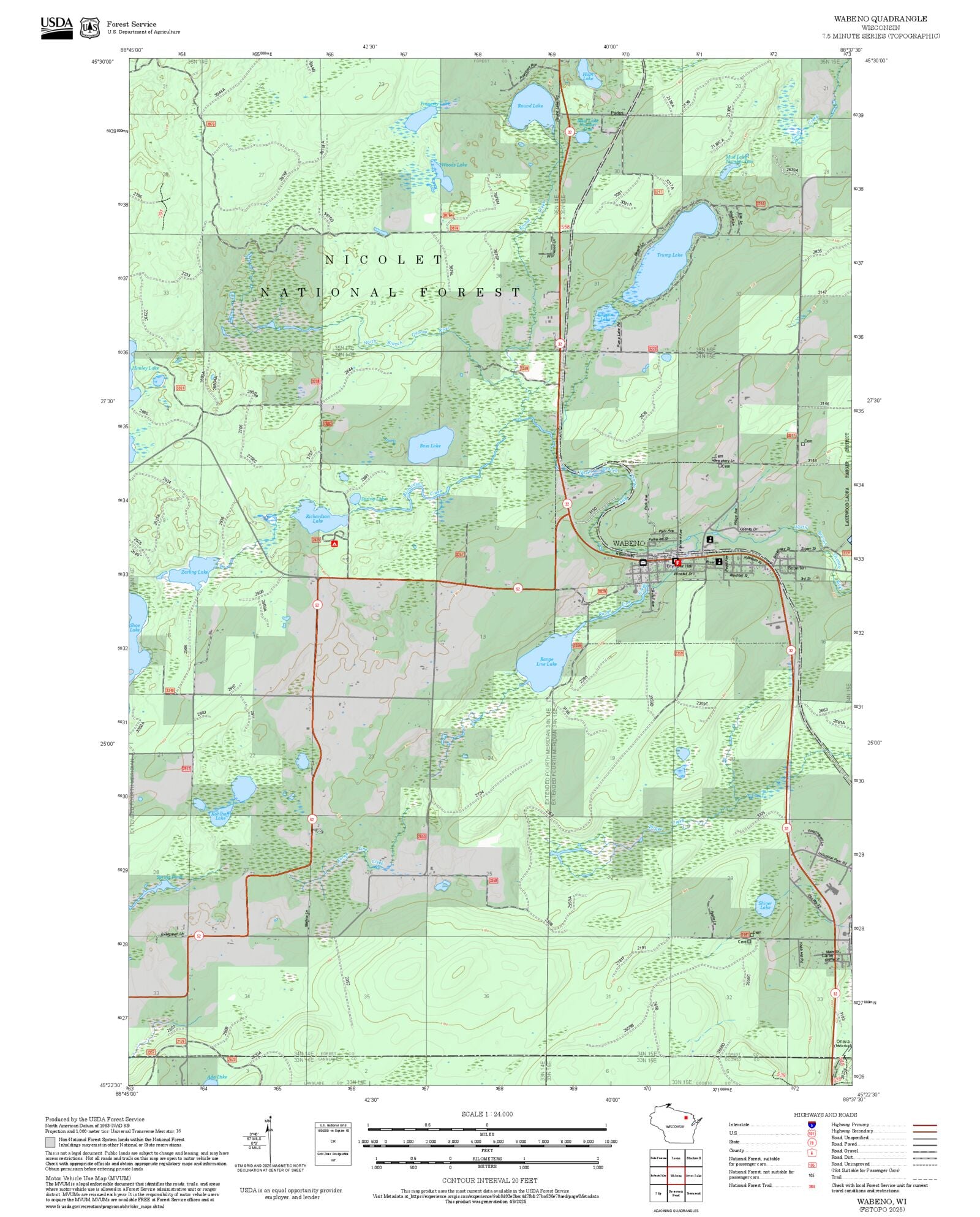2025 Forest Service Topo Map of Wabeno Wisconsin – MyTopo Map Store