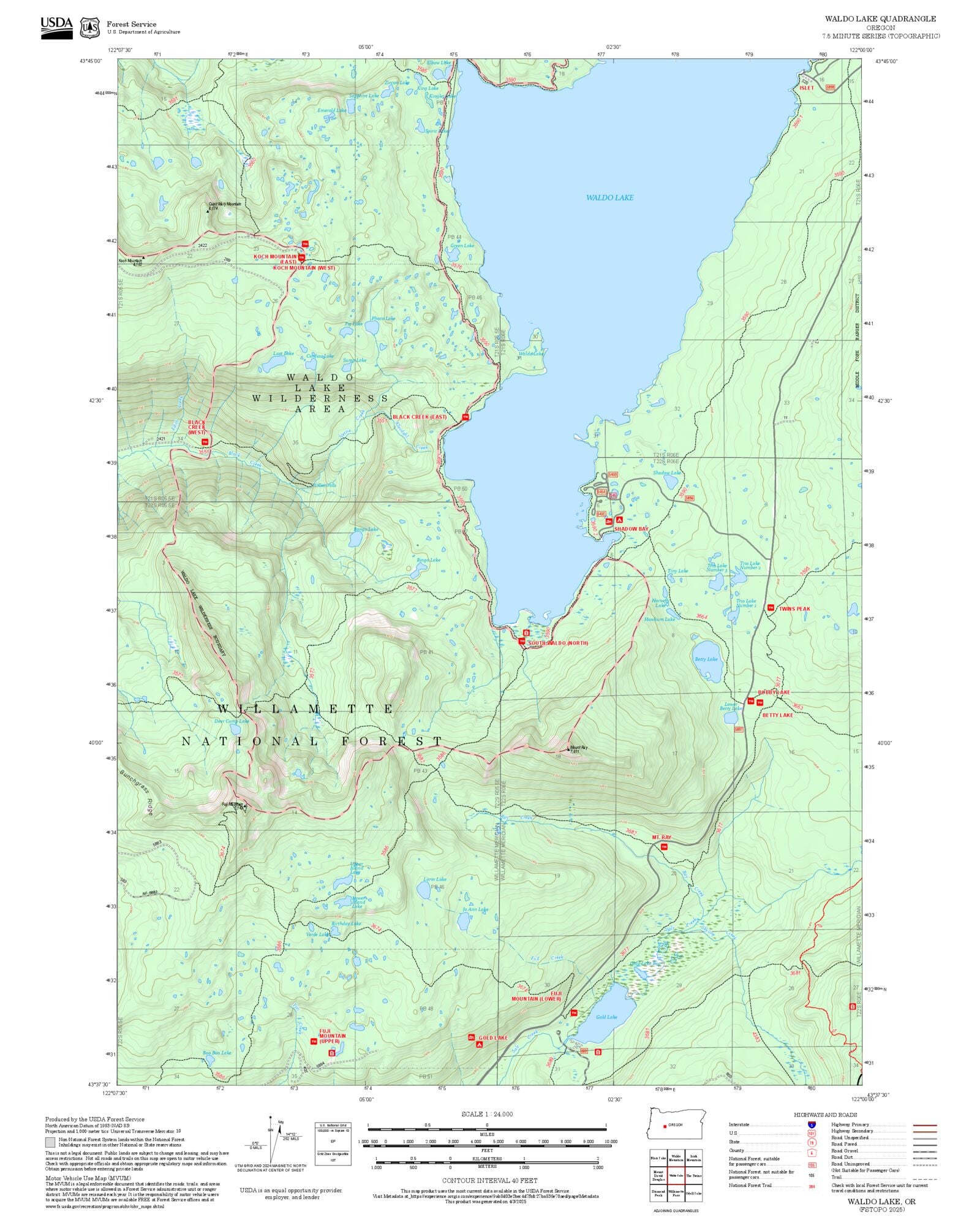 2025 Forest Service Topo Map of Waldo Lake Oregon – MyTopo Map Store