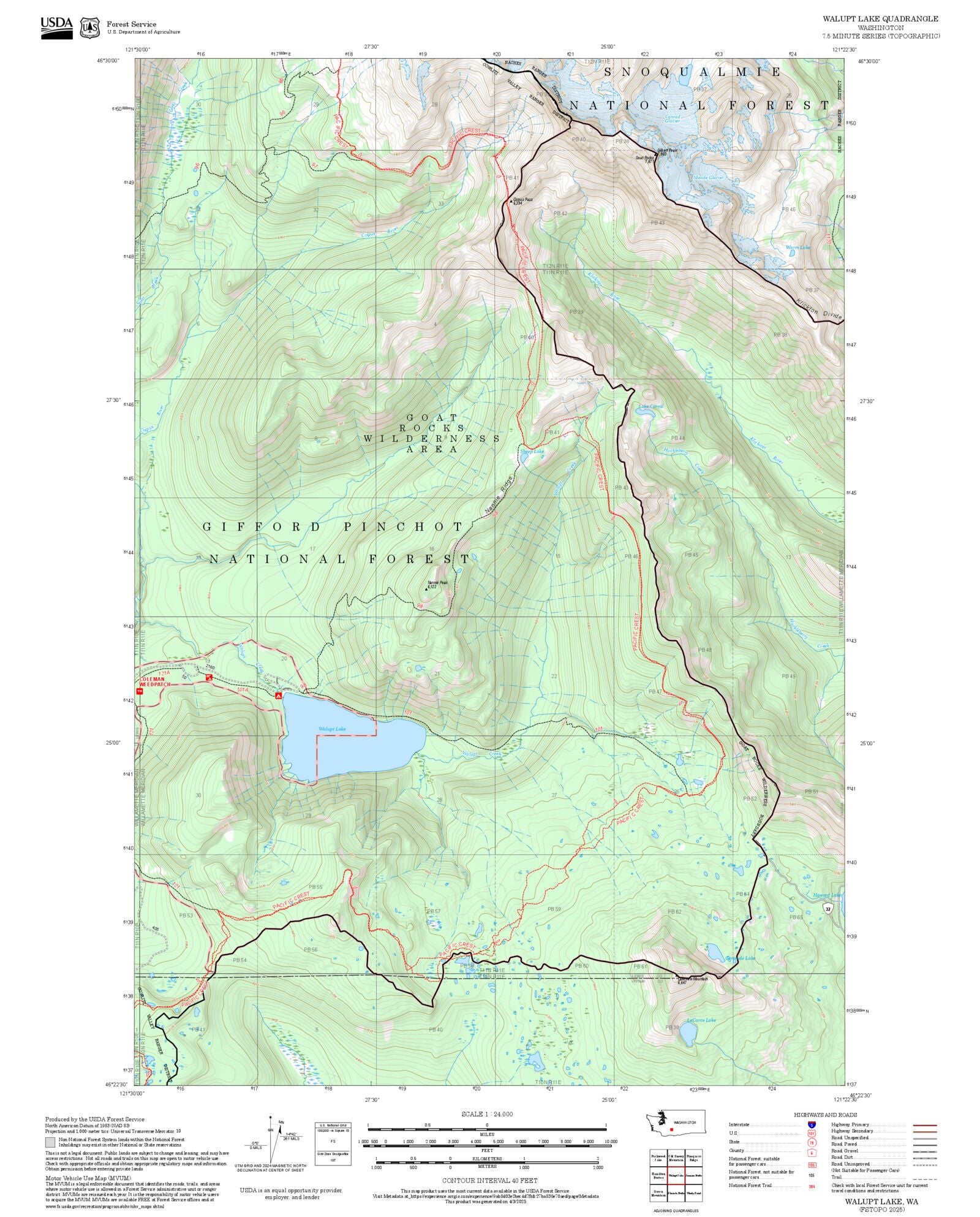 2025 Forest Service Topo Map of Walupt Lake Washington – MyTopo Map Store