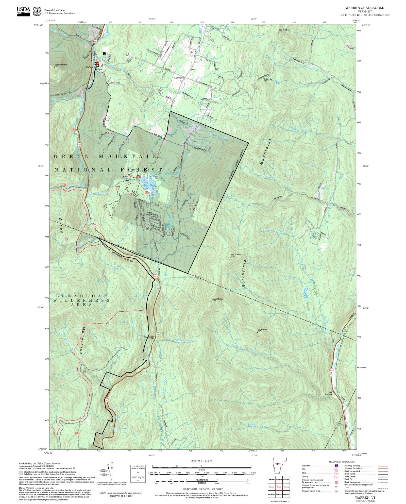 2025 Forest Service Topo Map of Warren Vermont – MyTopo Map Store