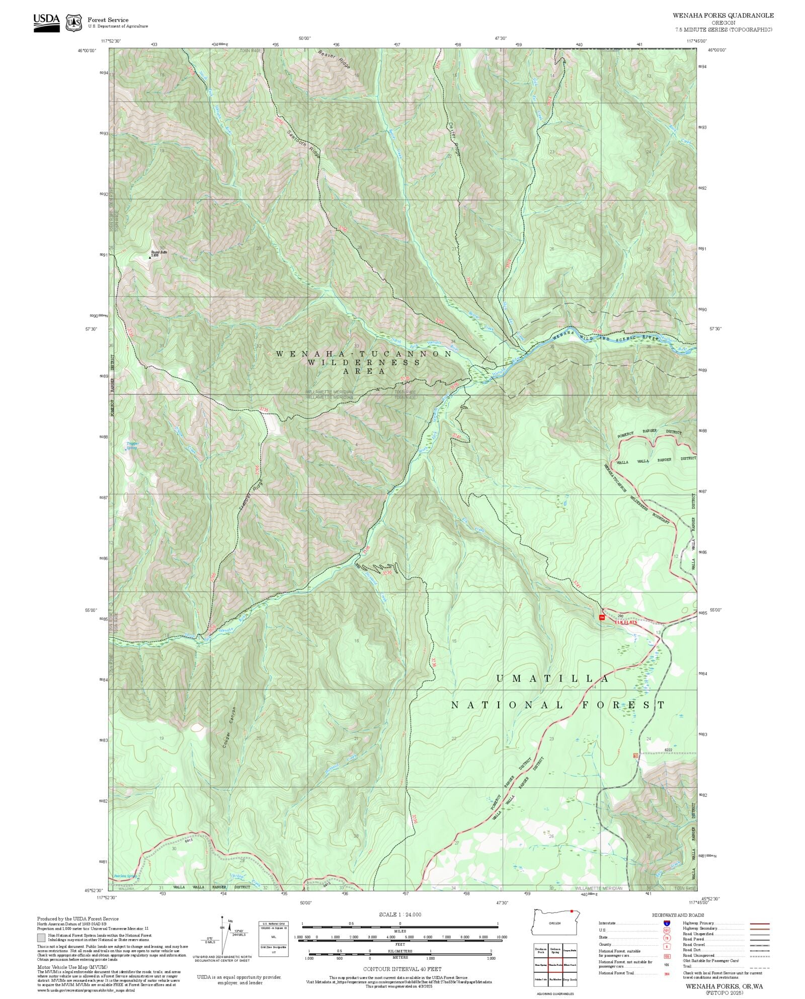 2025 Forest Service Topo Map of Wenaha Forks Oregon – MyTopo Map Store