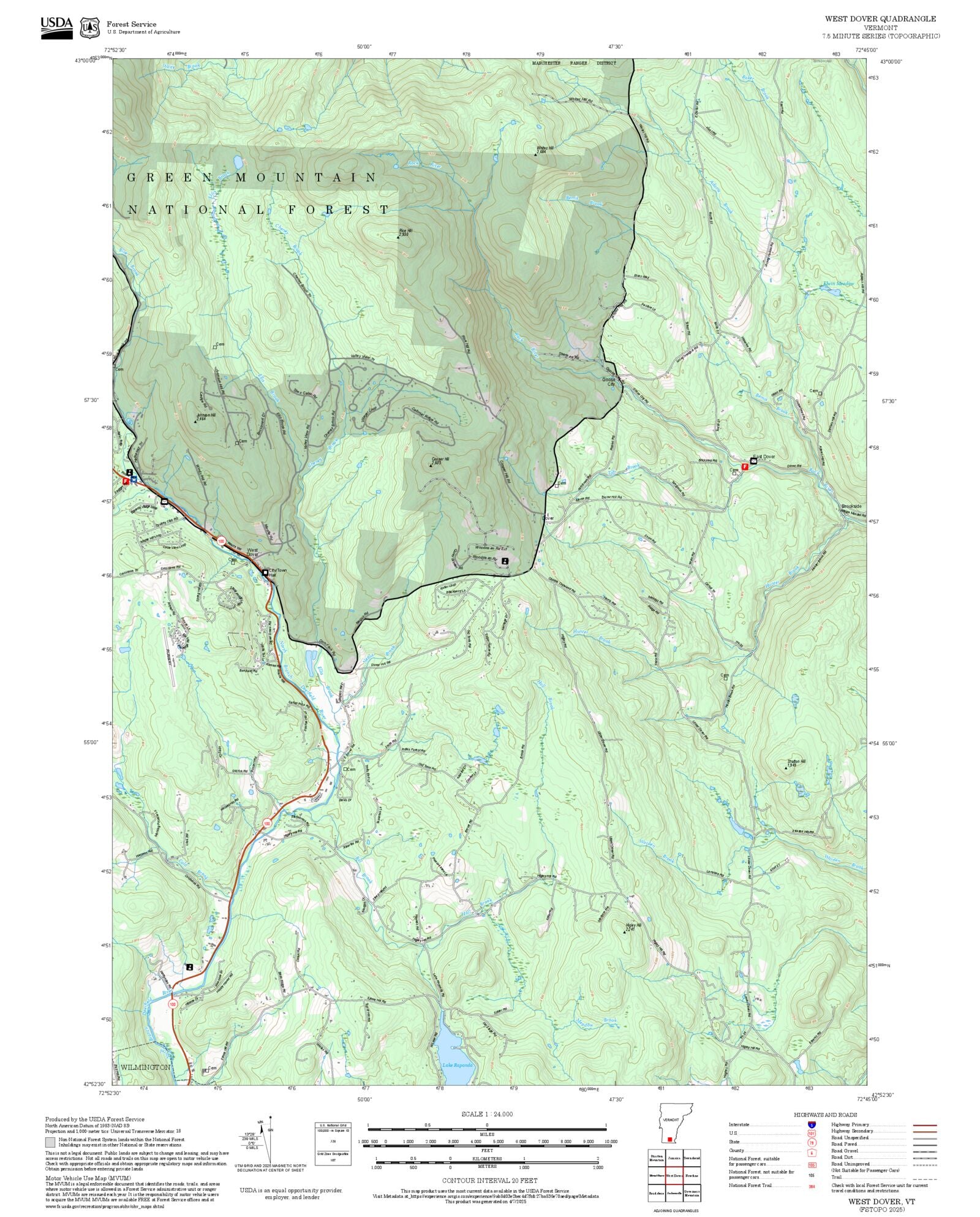 2025 Forest Service Topo Map of West Dover Vermont – MyTopo Map Store