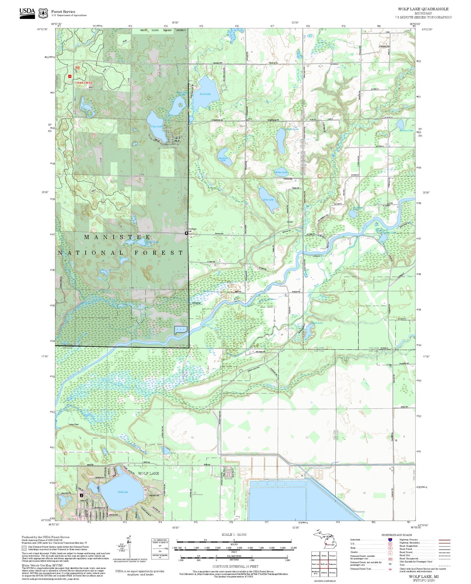 2025 Forest Service Topo Map of Wolf Lake Michigan – MyTopo Map Store