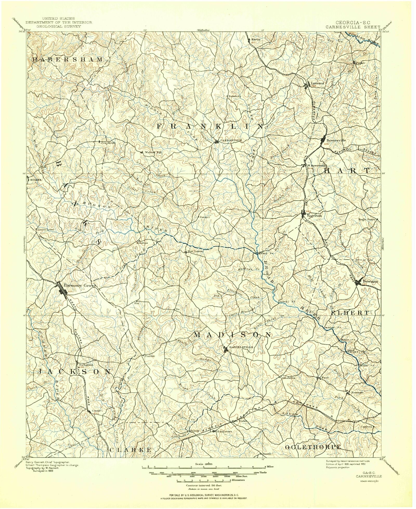 Historic 1891 Carnesville Georgia 30'x30' Topo Map – MyTopo Map Store
