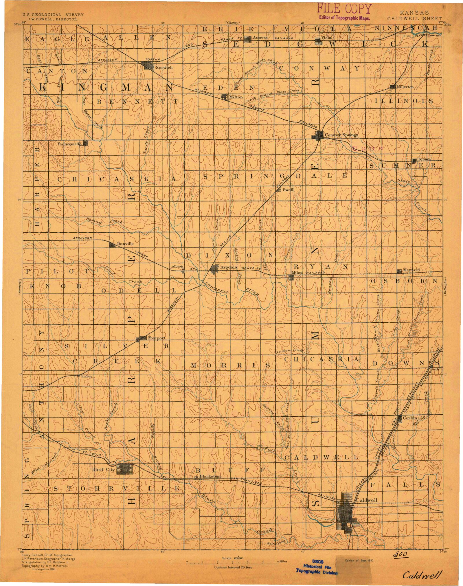 Historic 1893 Caldwell Kansas 30'x30' Topo Map – MyTopo Map Store