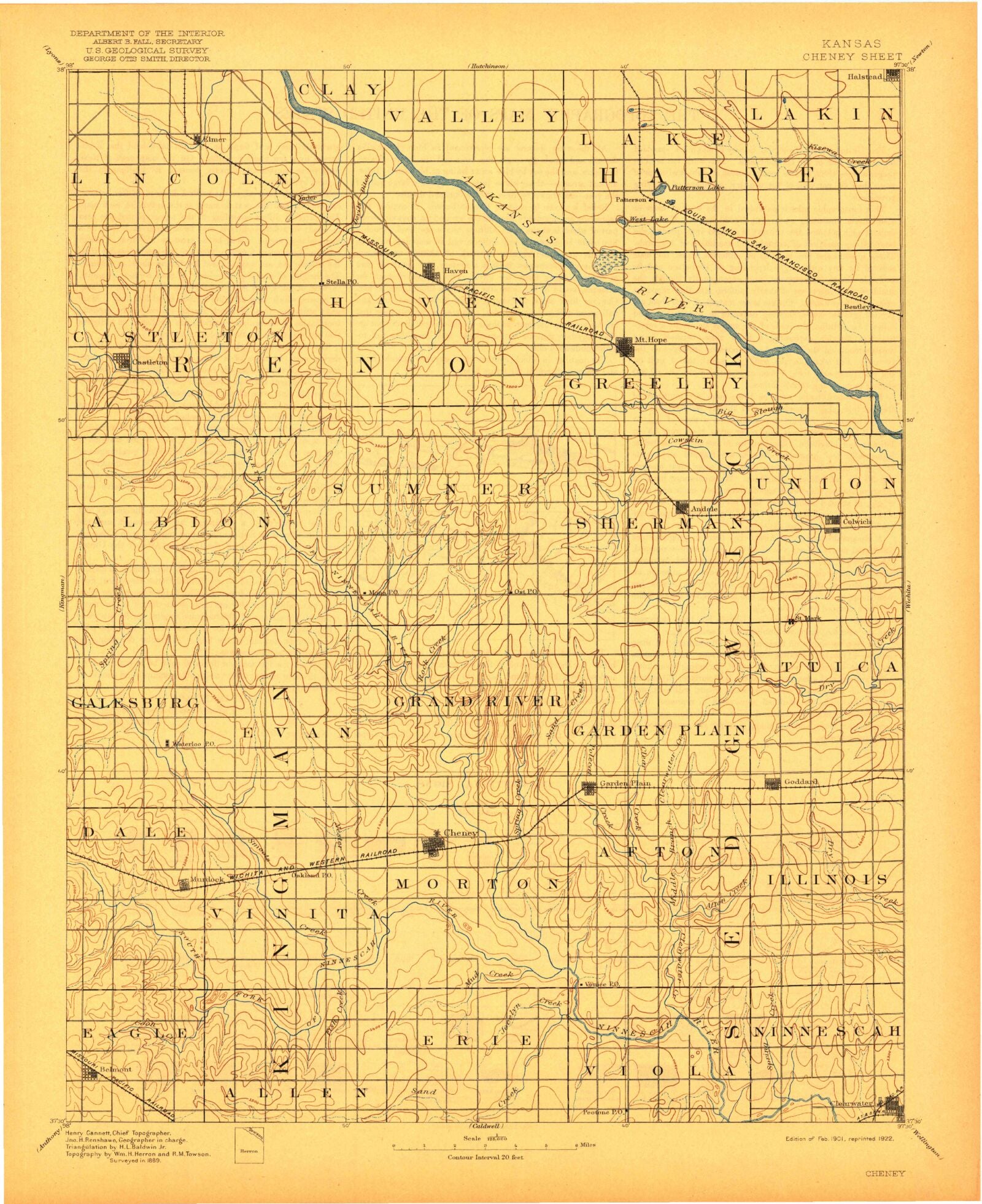 Historic 1901 Cheney Kansas 30'x30' Topo Map – MyTopo Map Store