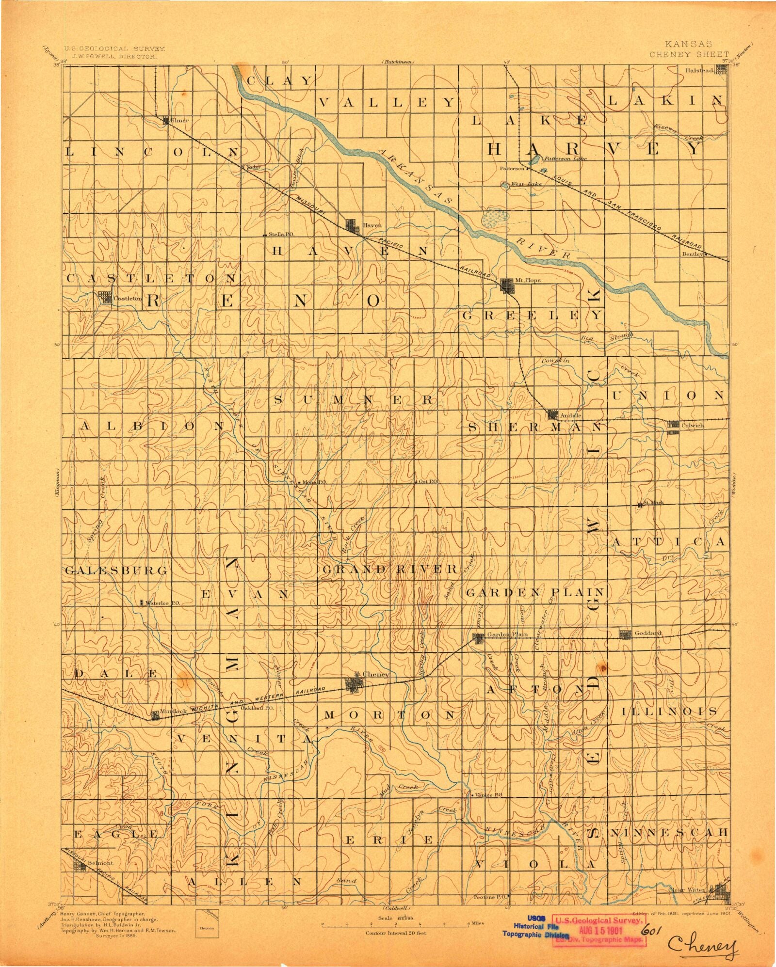 Historic 1891 Cheney Kansas 30'x30' Topo Map – MyTopo Map Store