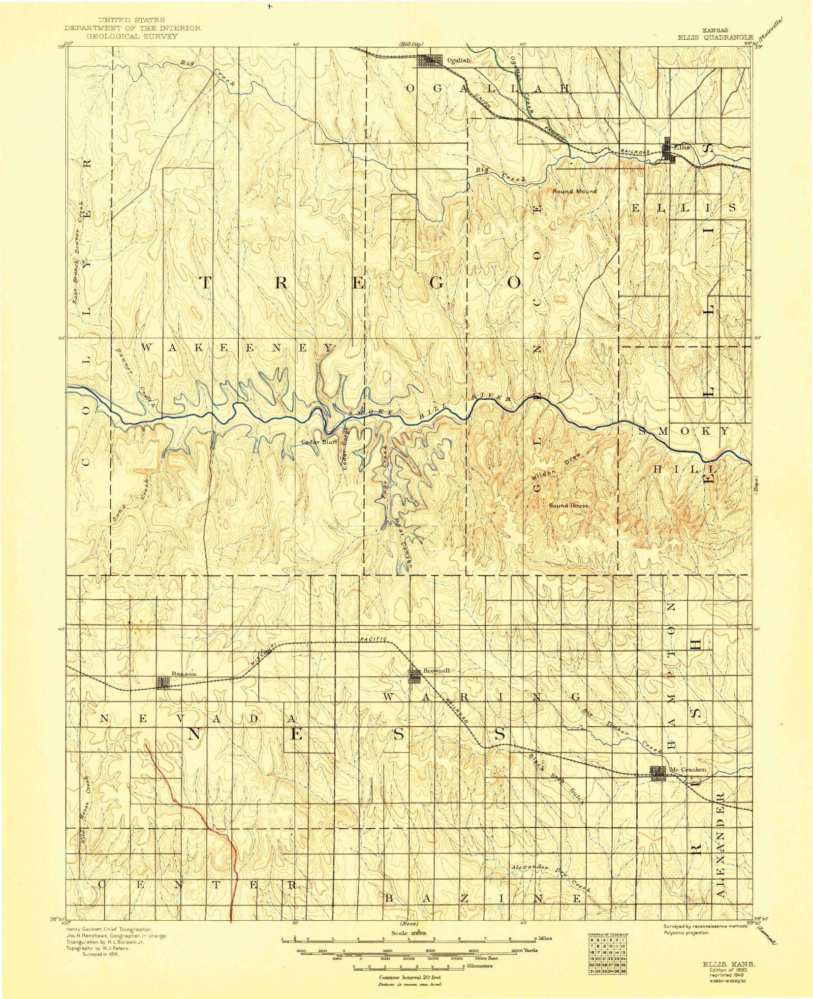 Historic 1893 Ellis Kansas 30'x30' Topo Map – MyTopo Map Store