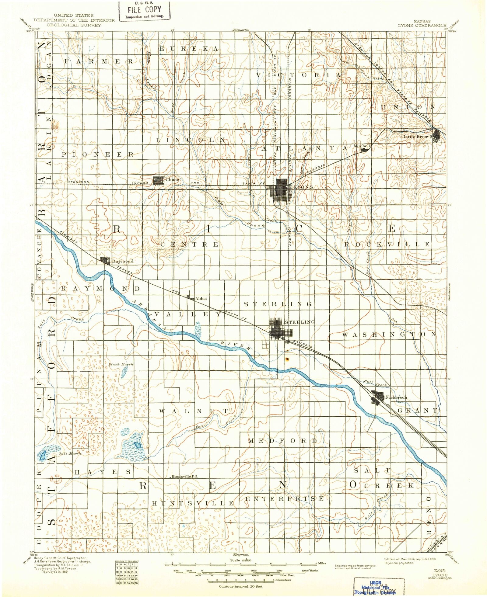 Historic 1894 Lyons Kansas 30'x30' Topo Map – MyTopo Map Store