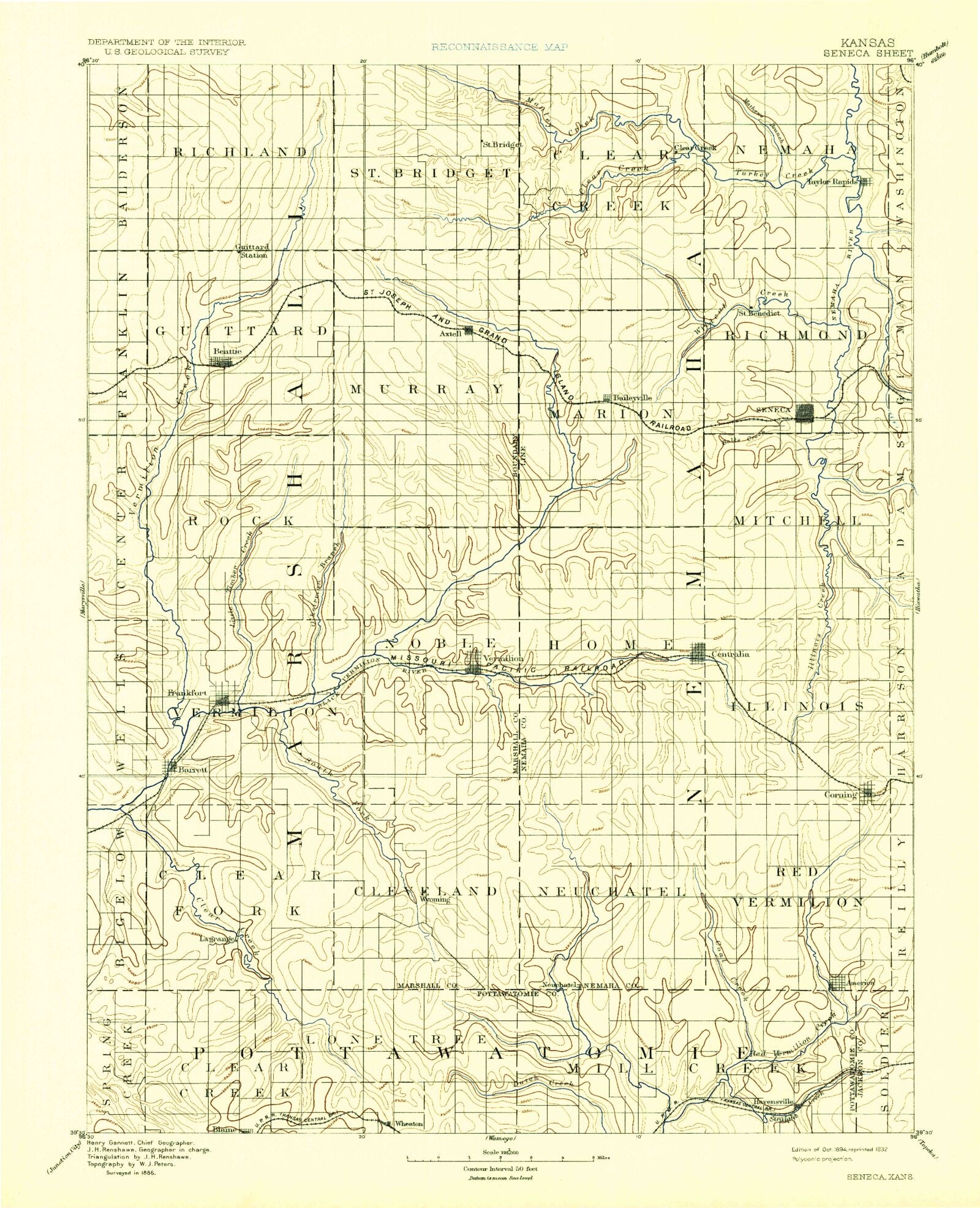 Historic 1894 Seneca Kansas 30'x30' Topo Map – MyTopo Map Store