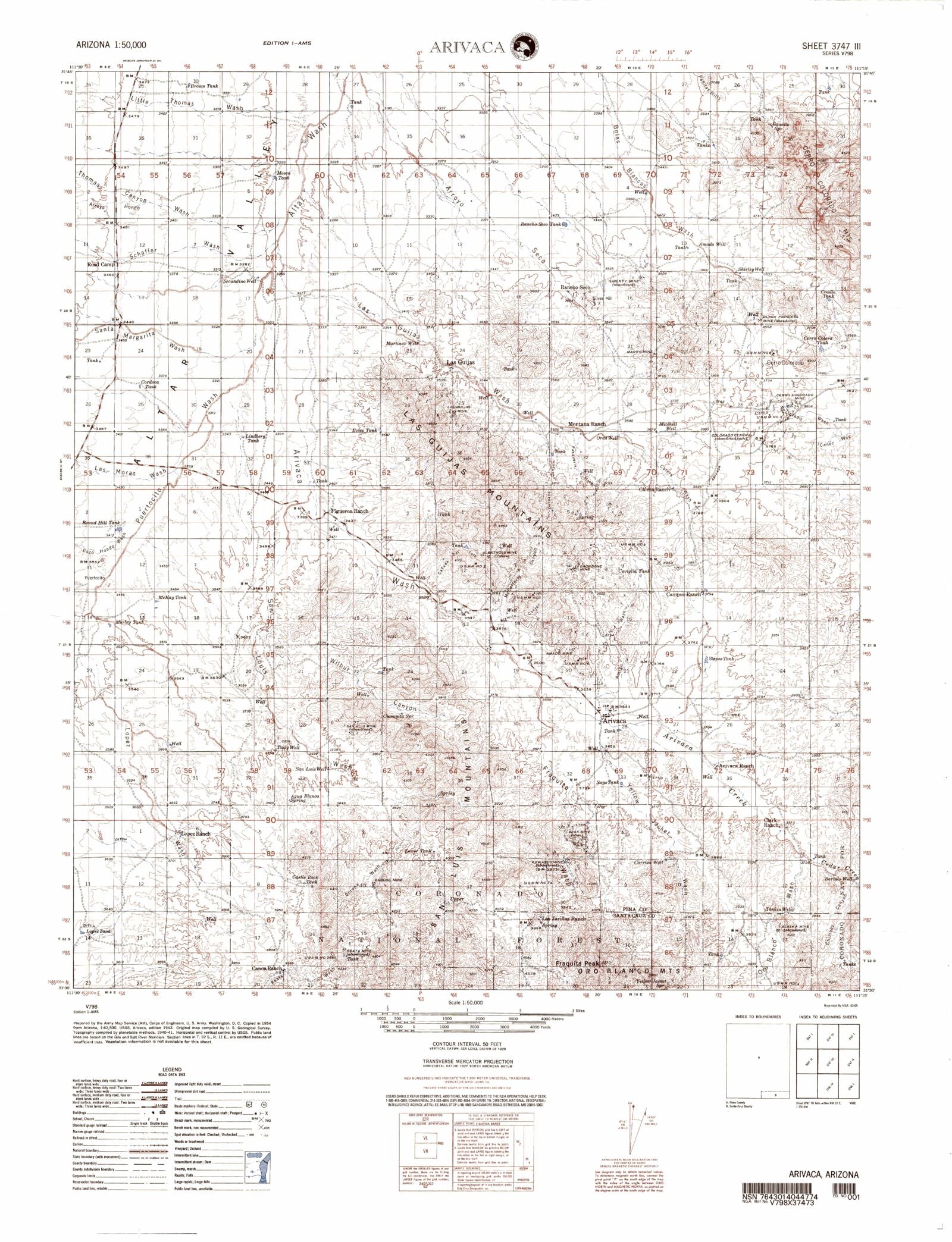 Arivaca Arizona Military 1:50,000 Map – MyTopo Map Store