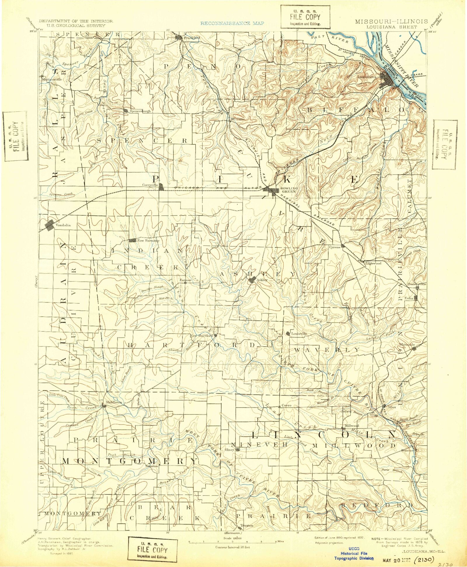 Historic 1890 Louisiana Missouri 30'x30' Topo Map – MyTopo Map Store