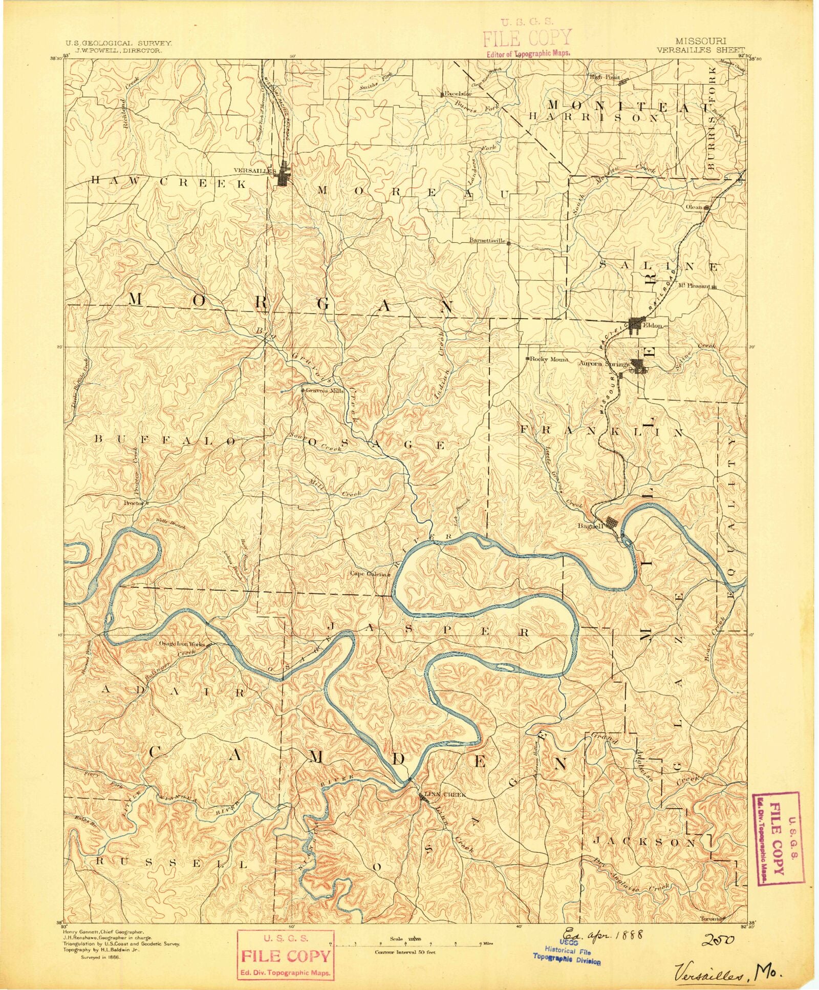 Historic 1888 Versailles Missouri 30'x30' Topo Map – MyTopo Map Store