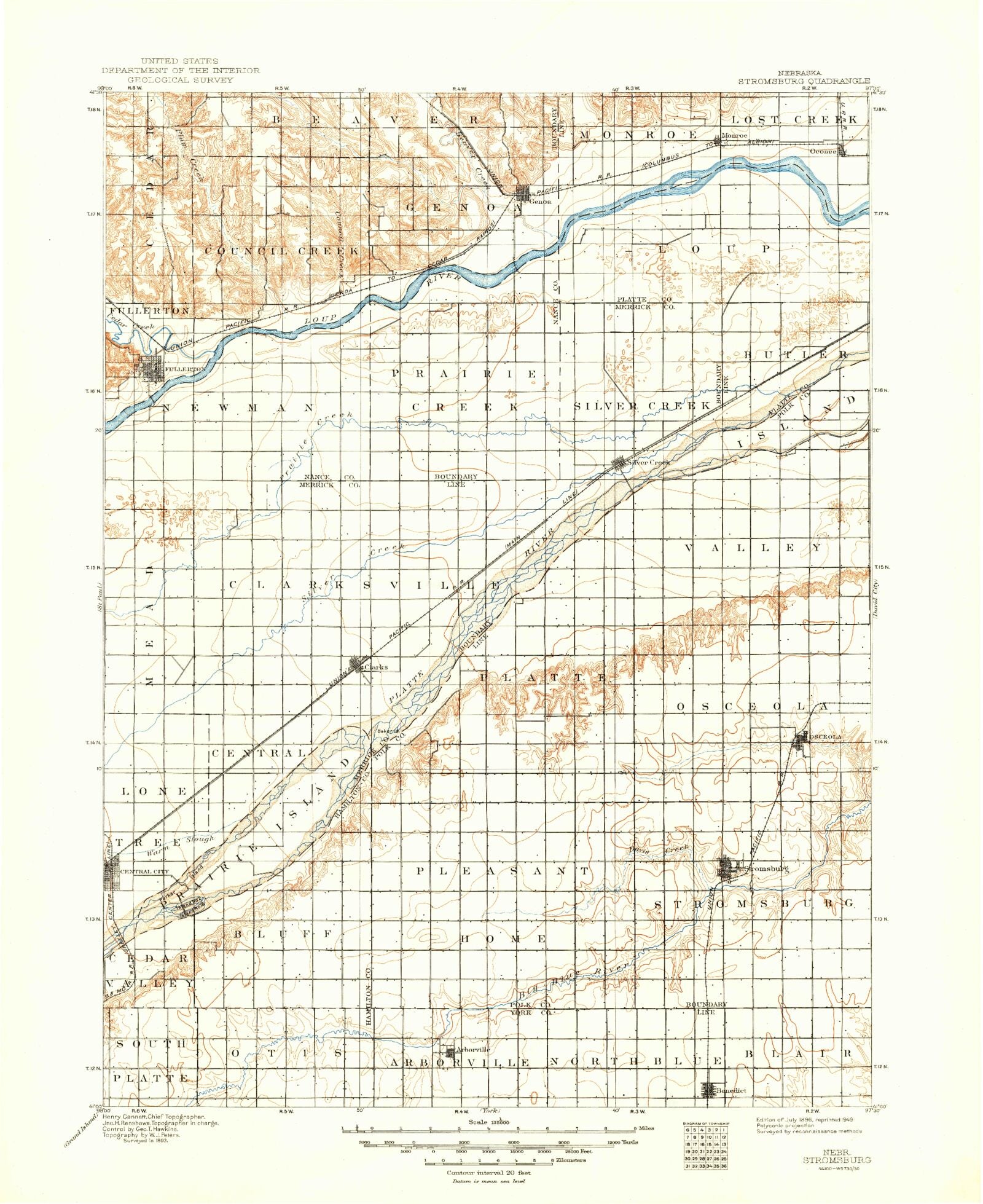 Historic 1896 Stromsburg Nebraska 30'x30' Topo Map – MyTopo Map Store