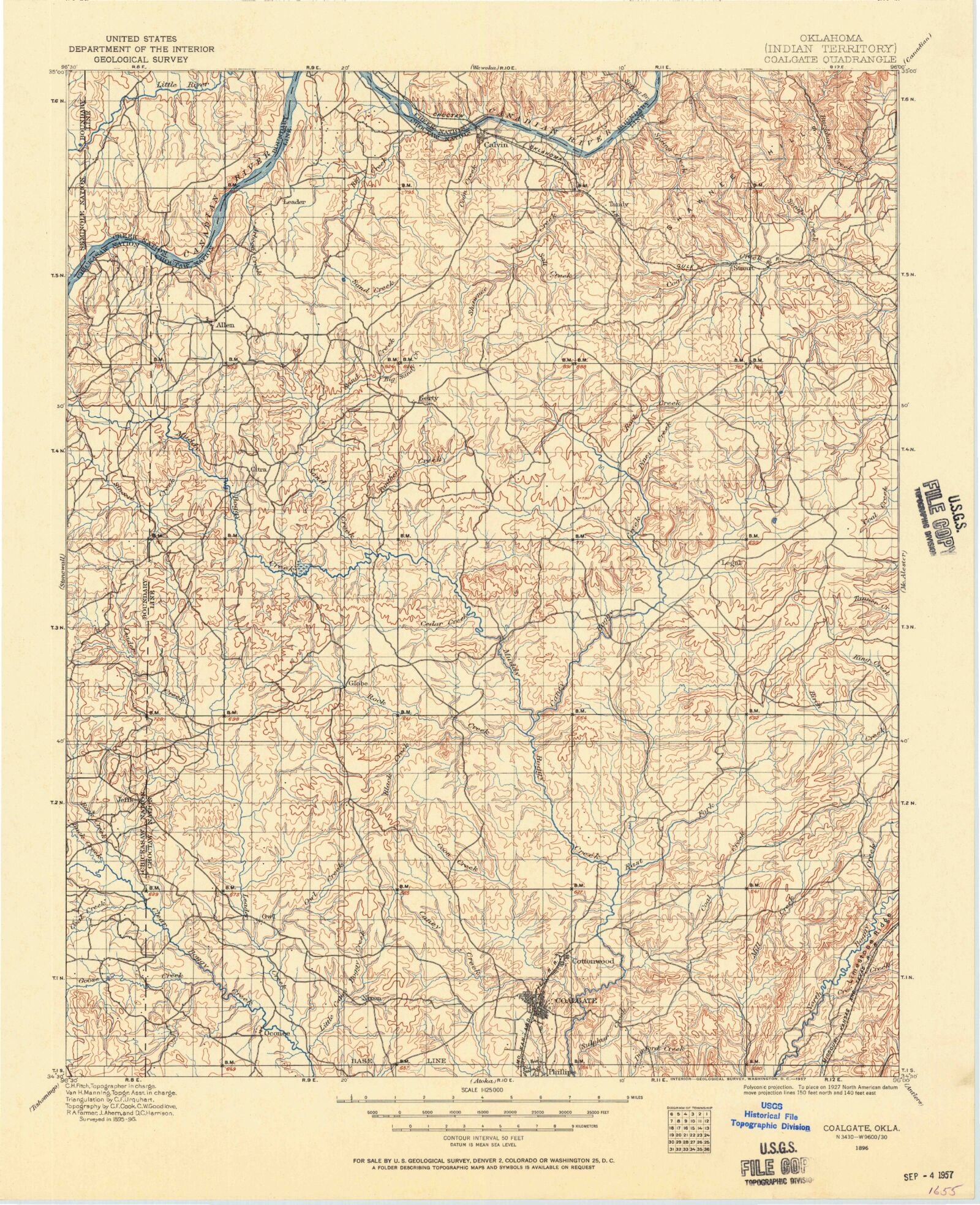Historic 1896 Coalgate Oklahoma 30'x30' Topo Map – MyTopo Map Store