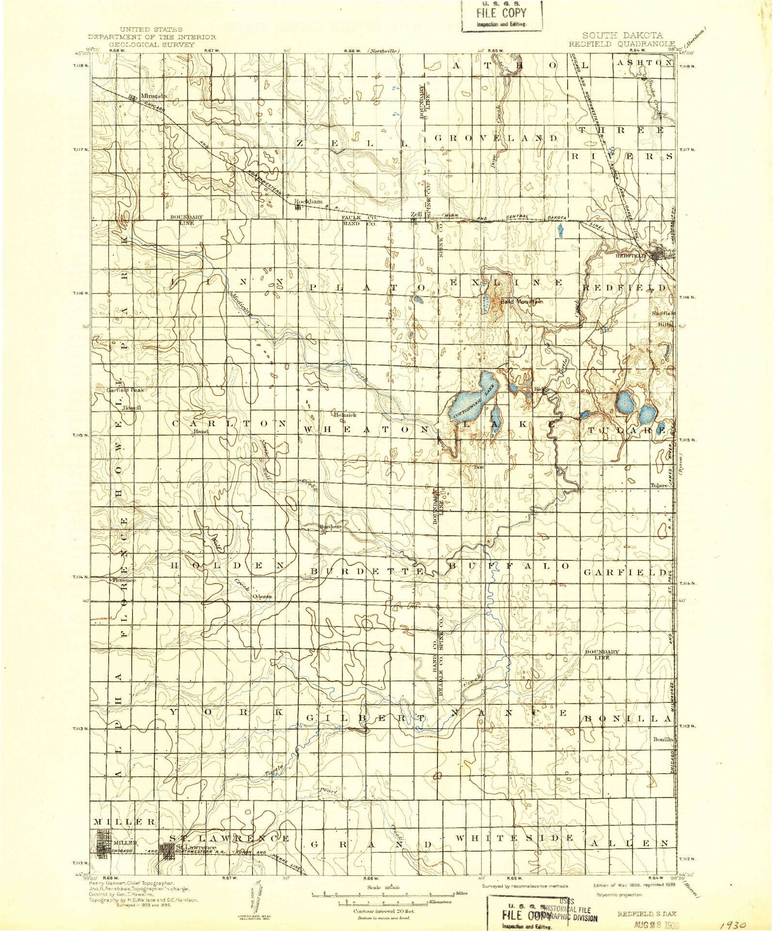 Historic 1899 Redfield South Dakota 30'x30' Topo Map – MyTopo Map Store