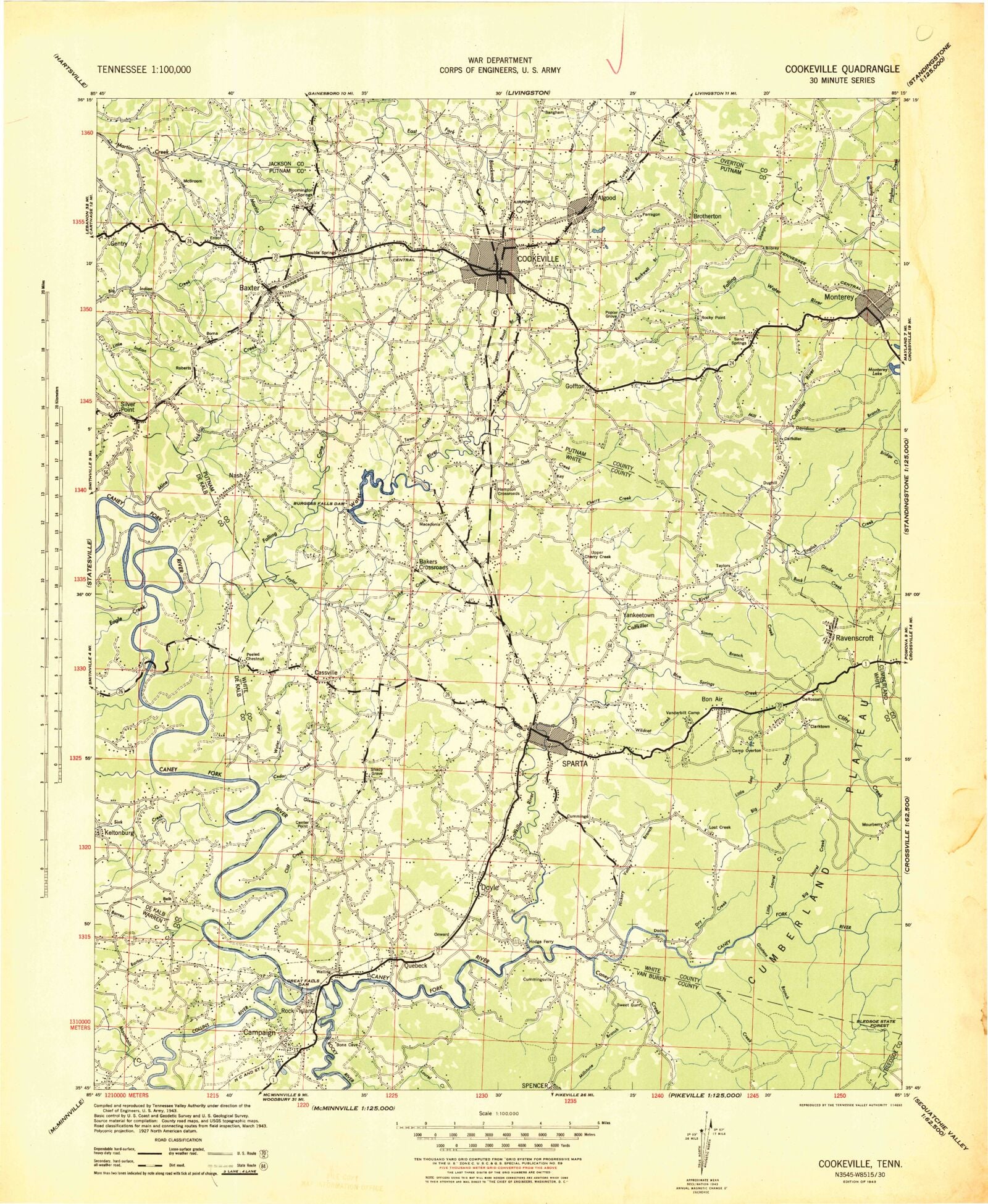 Historic 1943 Cookeville Tennessee 30'x30' Topo Map – MyTopo Map Store