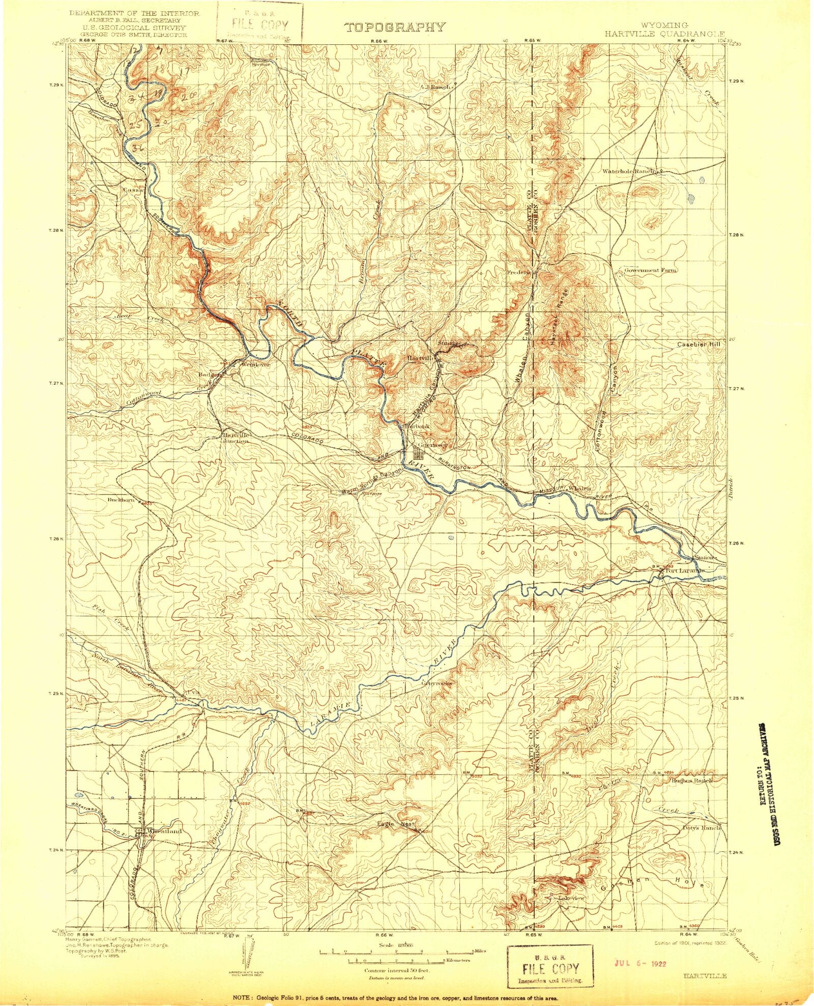 Historic 1901 Hartville Wyoming 30'x30' Topo Map – MyTopo Map Store