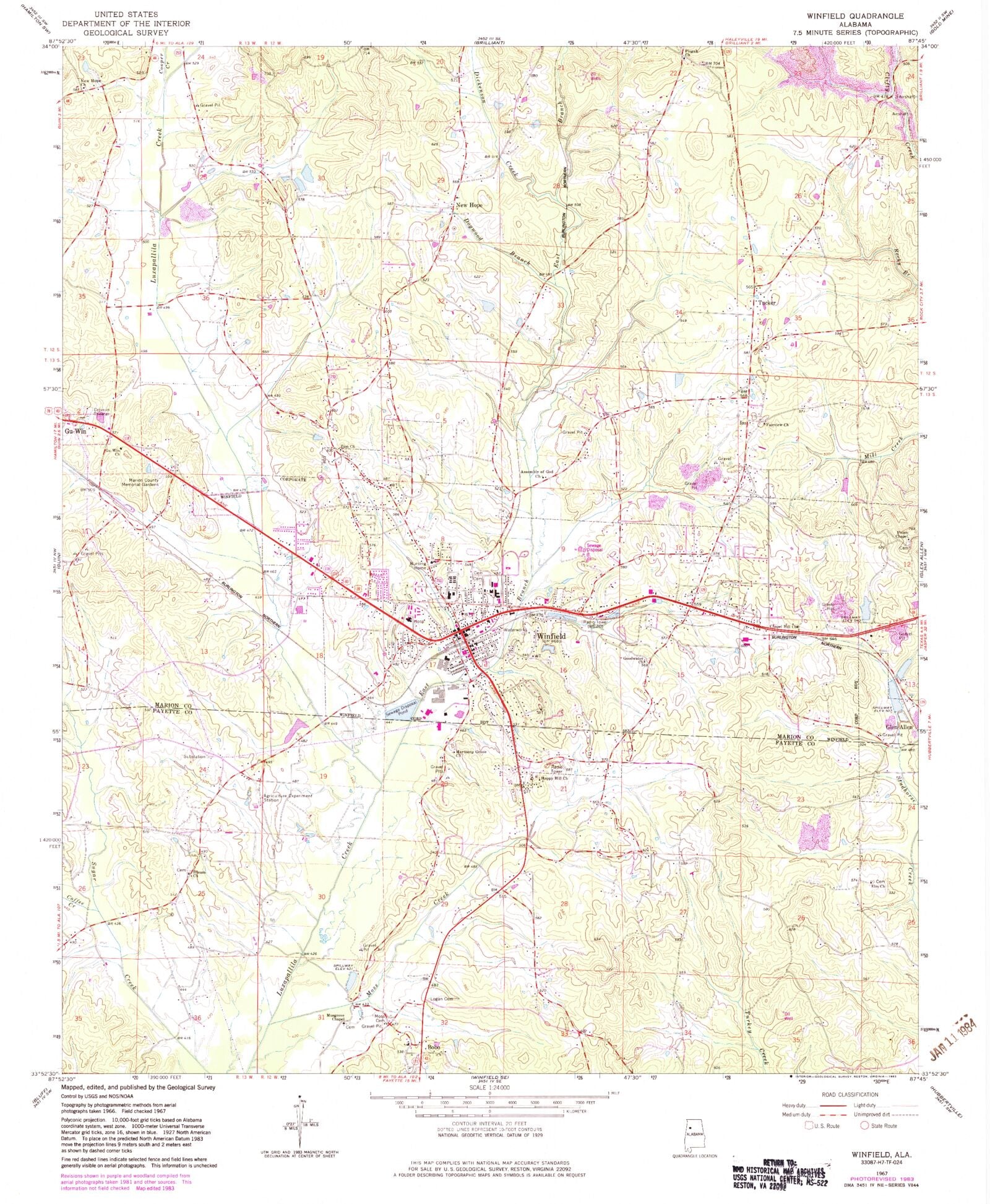 Classic USGS Winfield Alabama 7.5'x7.5' Topo Map – MyTopo Map Store