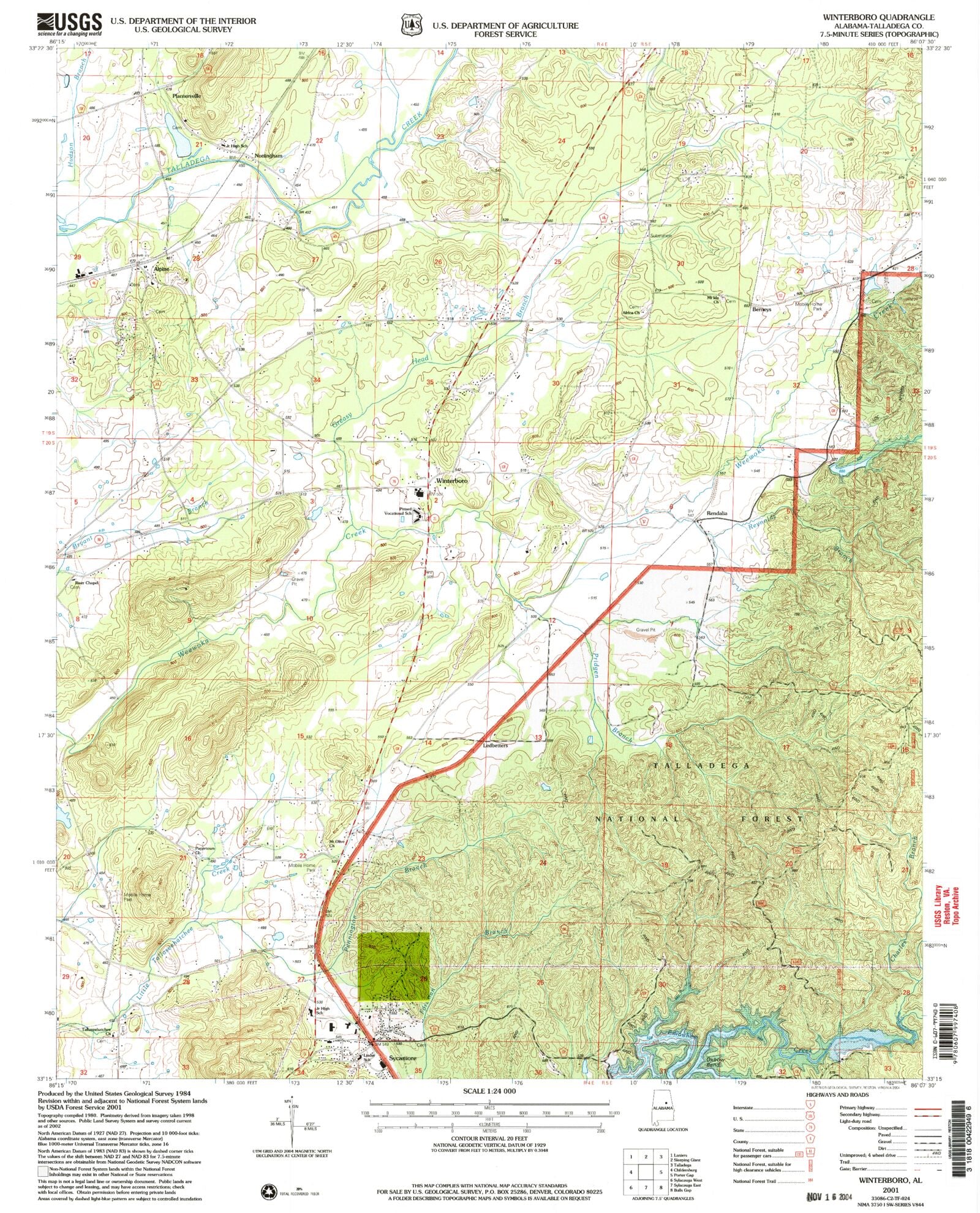 Classic USGS Winterboro Alabama 7.5'x7.5' Topo Map – MyTopo Map Store